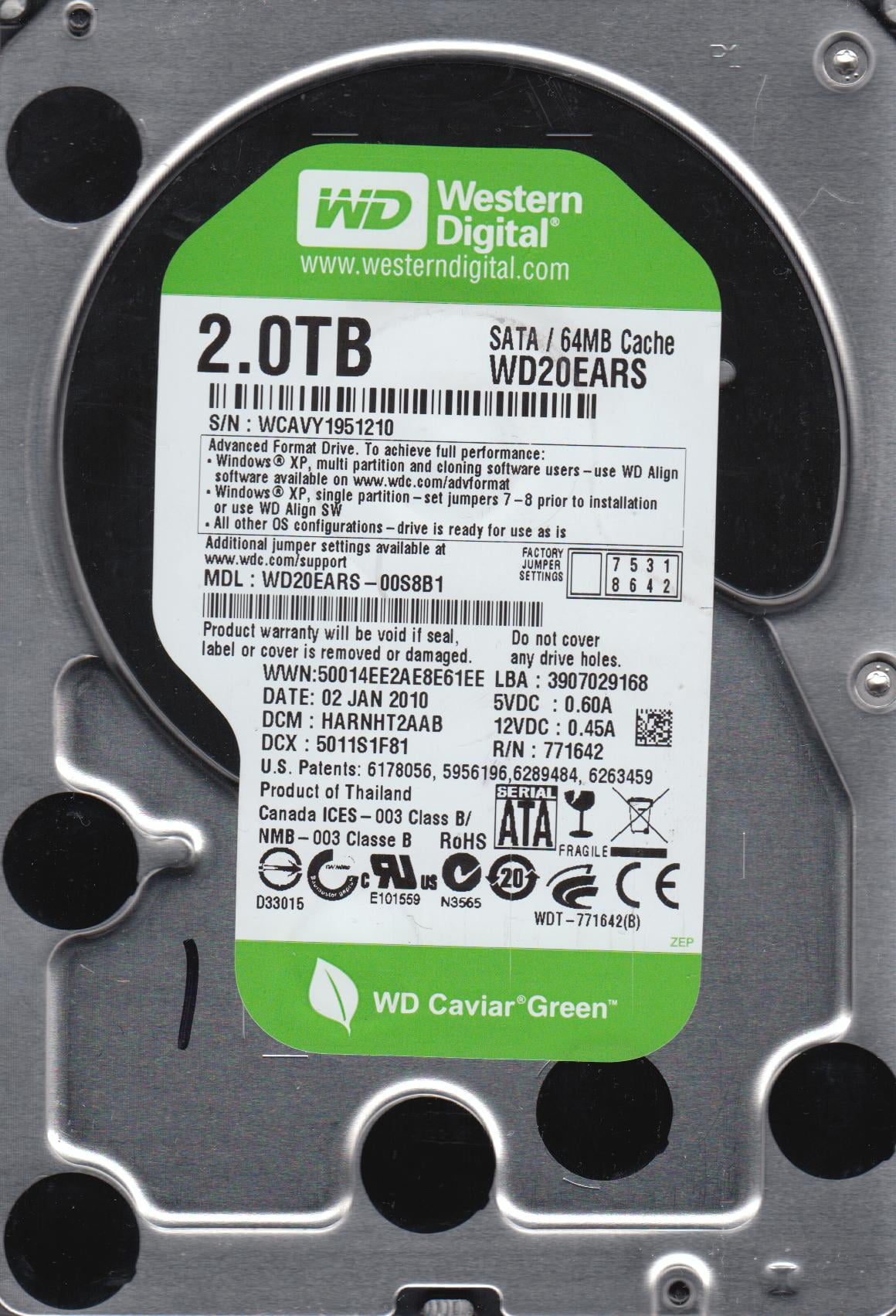 WD20EARS-00S8B1, DCM HARNHT2AAB, Western Digital 2TB SATA 3.5 Hard ...