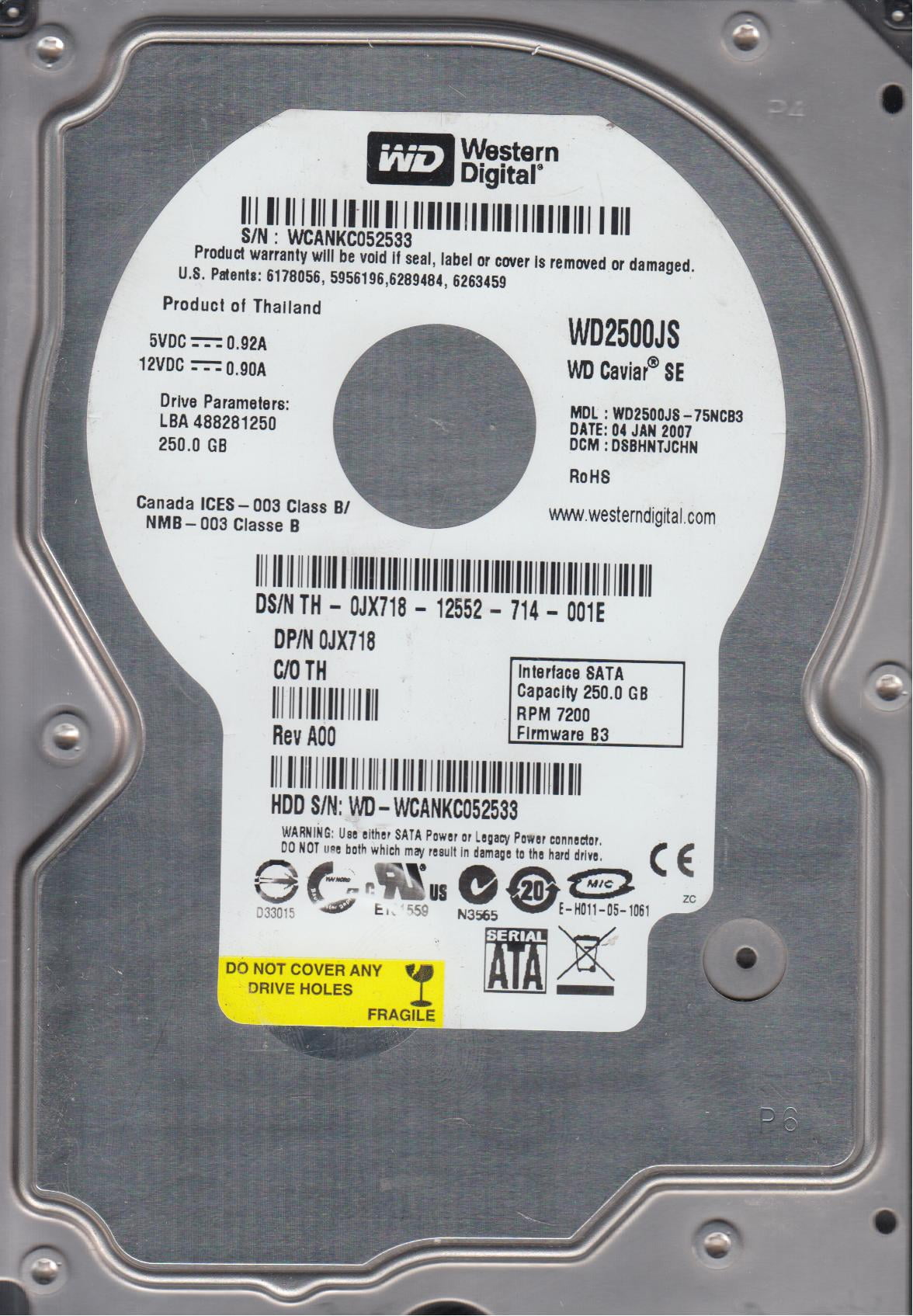 WD2500JS-75NCB3, DCM DSBHNTJCHN, Western Digital 250GB SATA 3.5 Hard ...