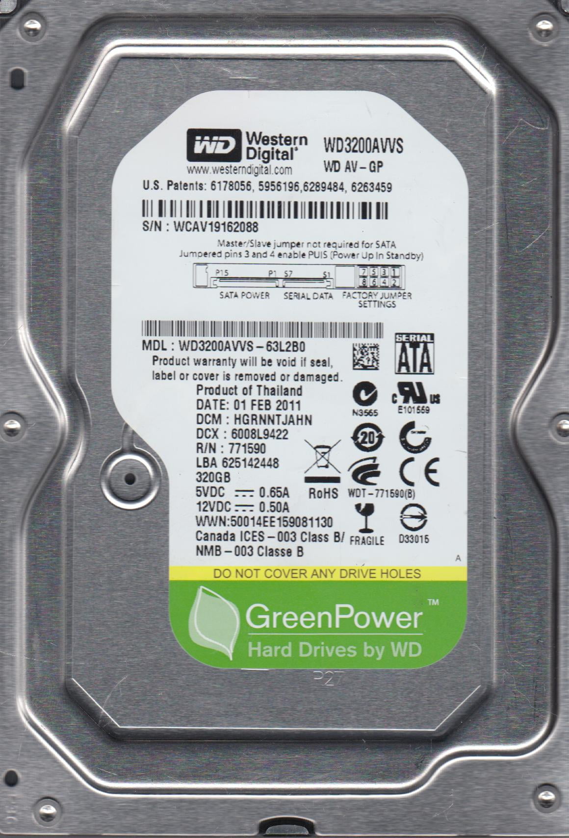 WD3200AVVS-63L2B0, DCM HGRNNTJAHN, Western Digital 320GB SATA 3.5 Hard ...