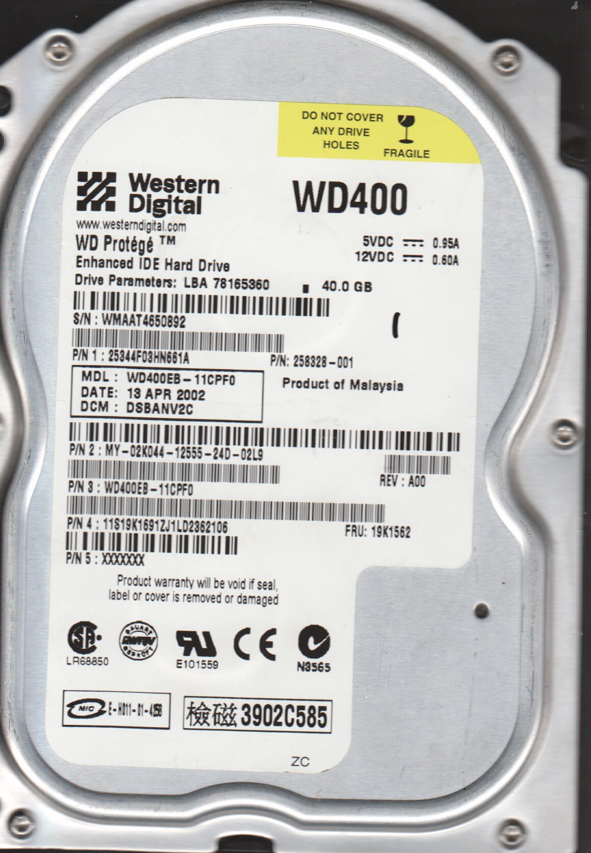 WD400EB-11CPF0, DCM DSBANV2C, Western Digital 40GB IDE 3.5 Hard Drive ...