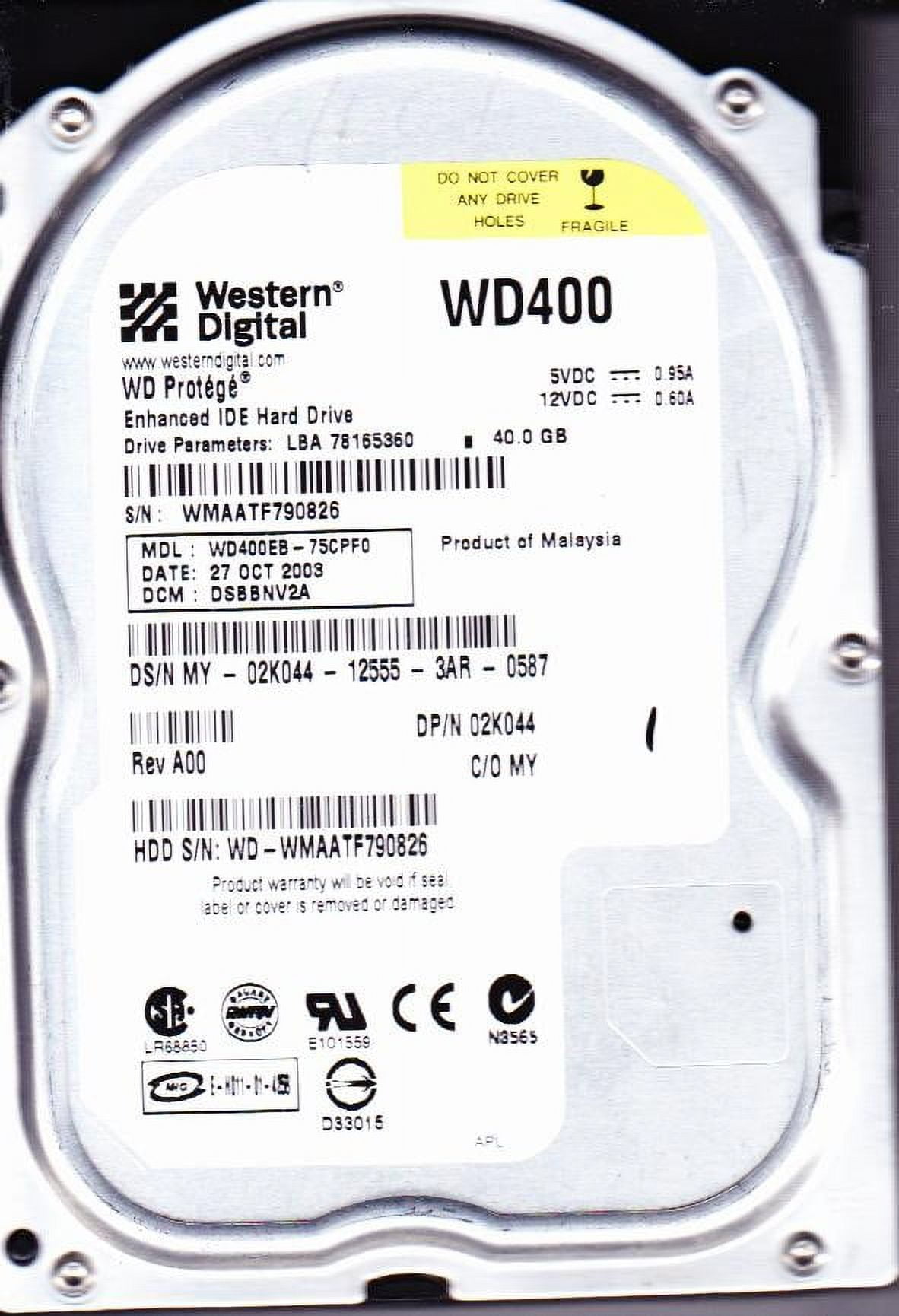 WD400EB-75CPF0, DCM DSBBNV2A, Western Digital 40GB IDE 3.5 Hard Drive ...