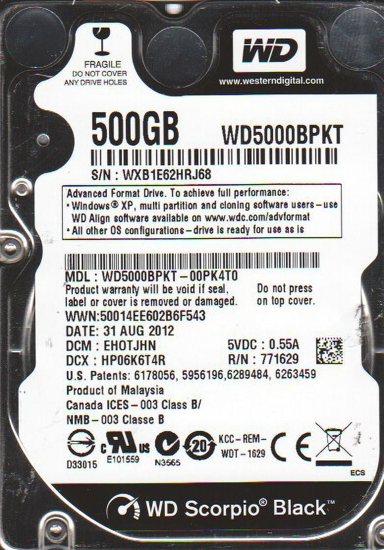 WD5000BPKT-00PK4T0, DCM EHOTJHN, Western Digital 500GB SATA 2.5 Hard ...