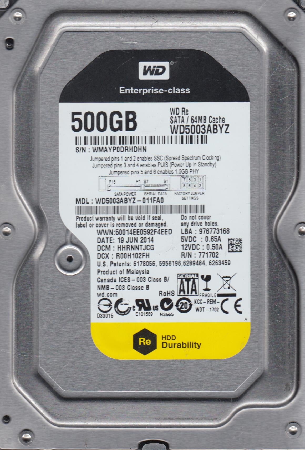 WD5003ABYZ-011FA0, DCM HHRNNTJCG, Western Digital 500GB SATA 3.5 Hard ...