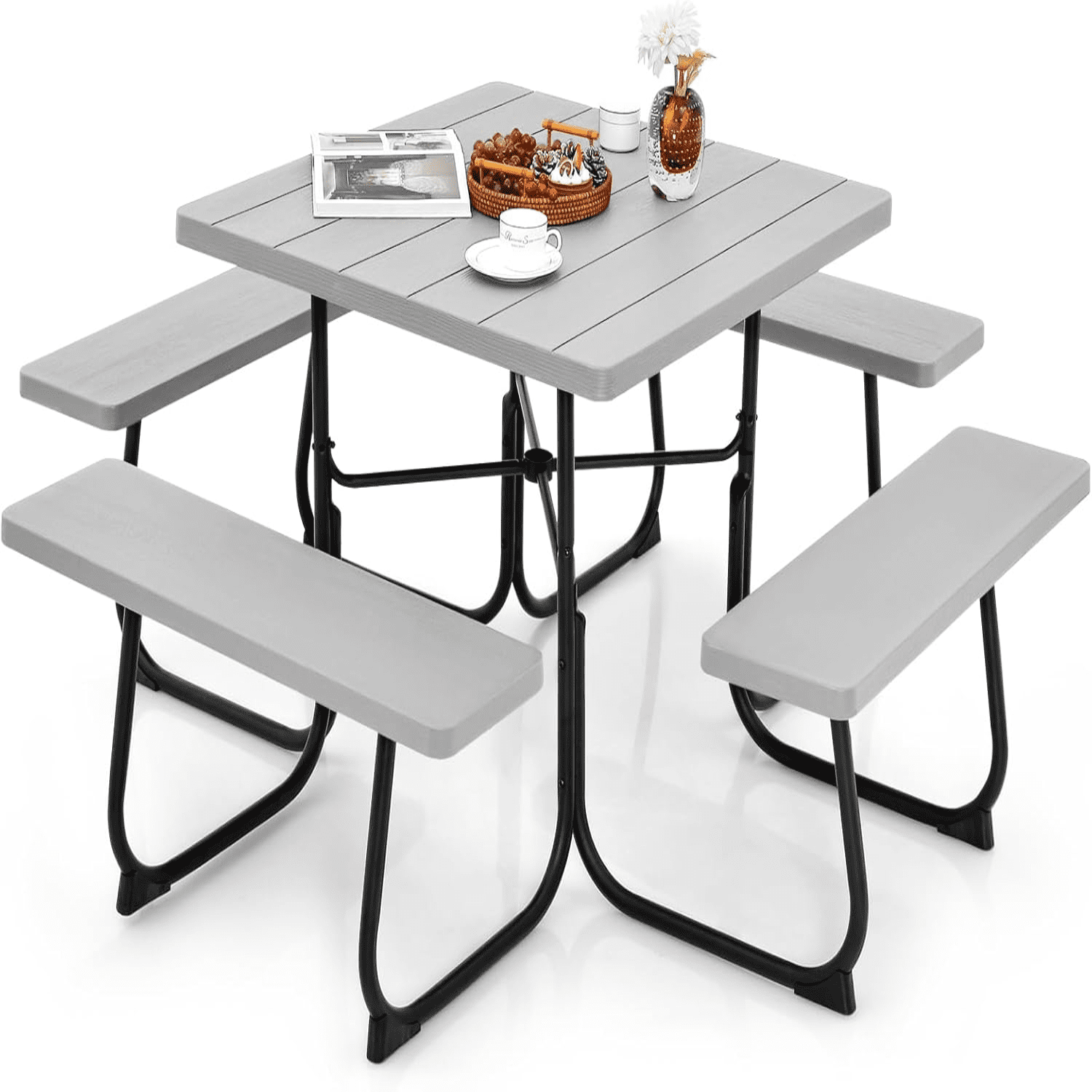 WDCRFZP 8 Person Picnic Table Outdoor Square Picnic Table with 4 Built ...