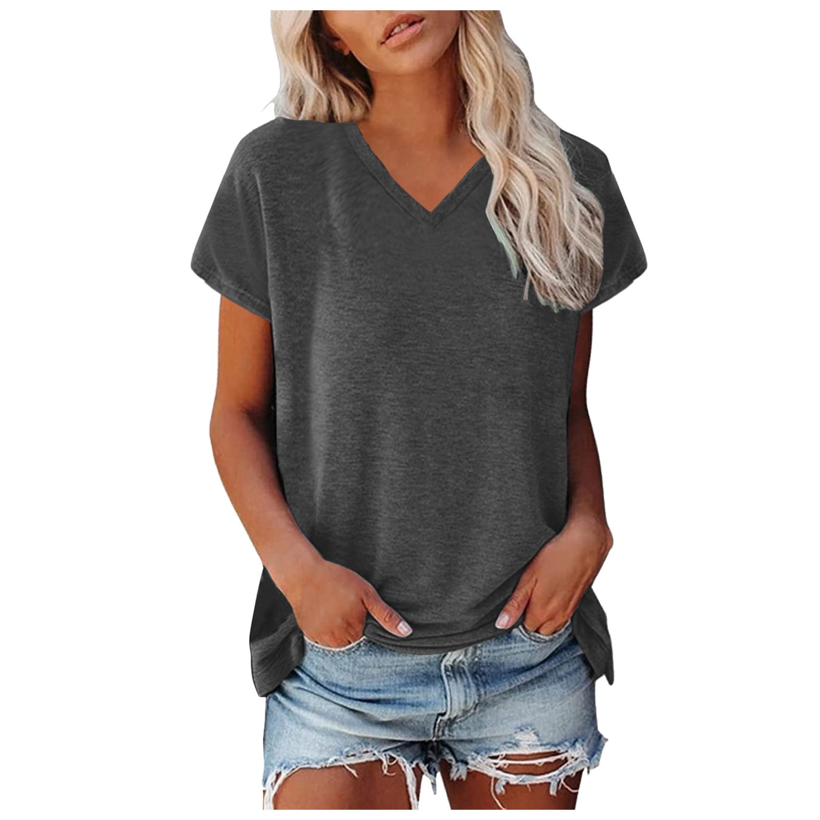 WDDDD Women's Cap Sleeve V Neck Loose Fit Blouse L - Walmart.com
