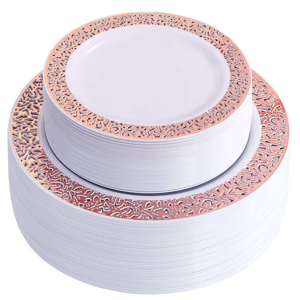 WDF 102pcs Rose Gold RRF12 Plates - Lace Design Disposable Plastic ...