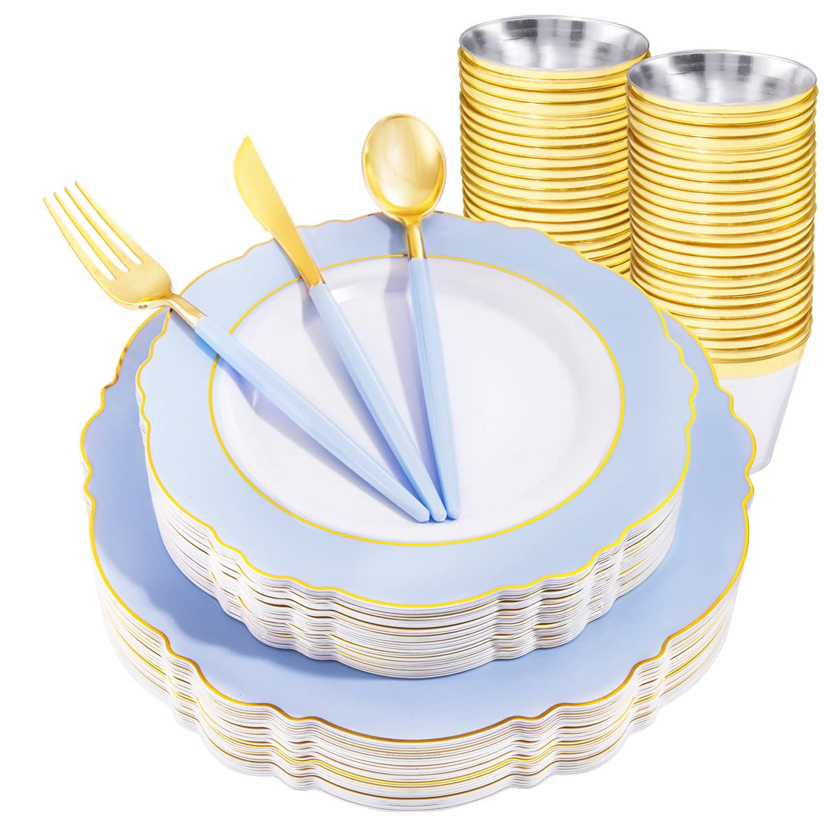 WDF 150pieces BabyTRDN Blue Plastic Plates with Gold Rim - Disposable ...