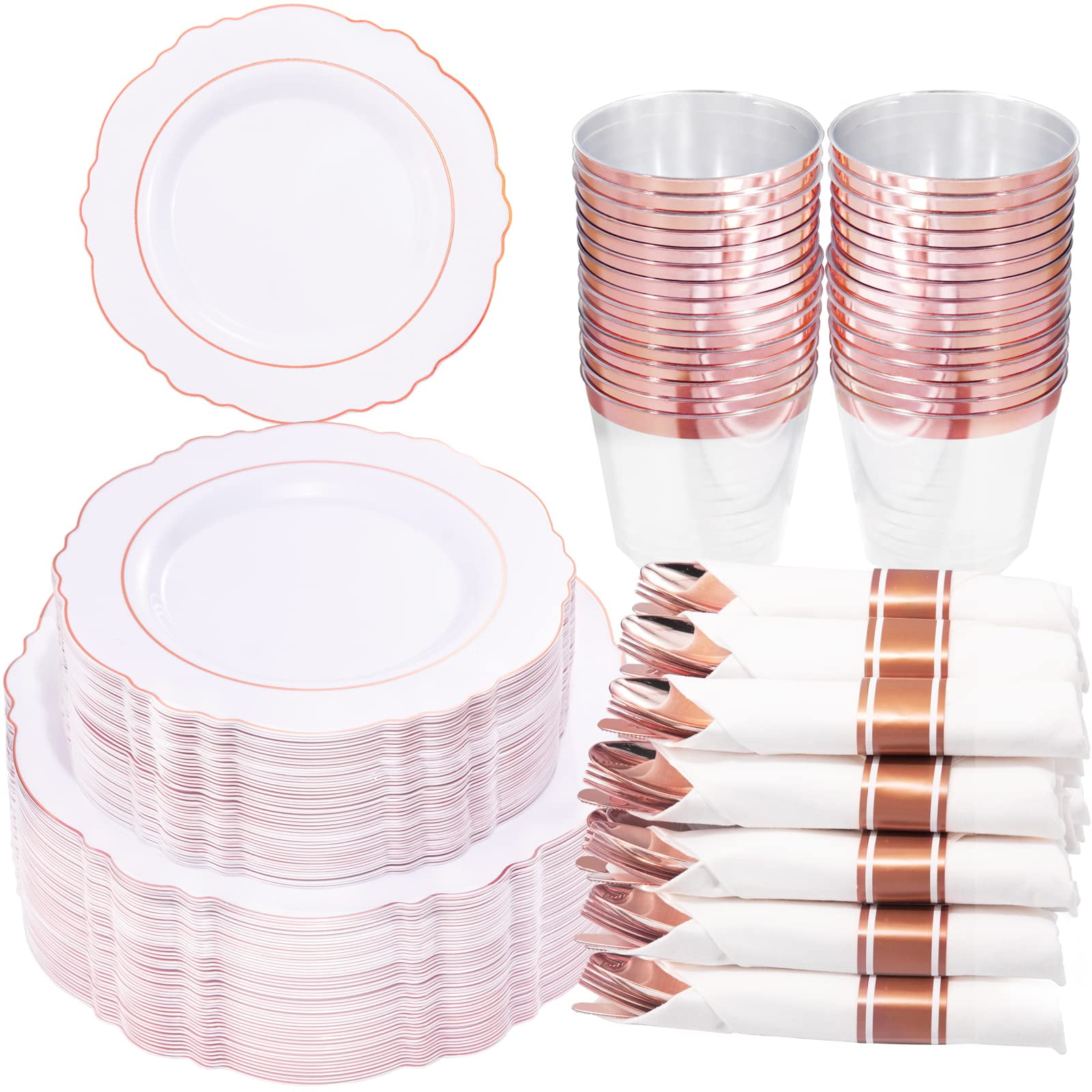 WDF 350 Pieces Disposable Rose Gold Plastic Dinnerware Set - Baroque ...