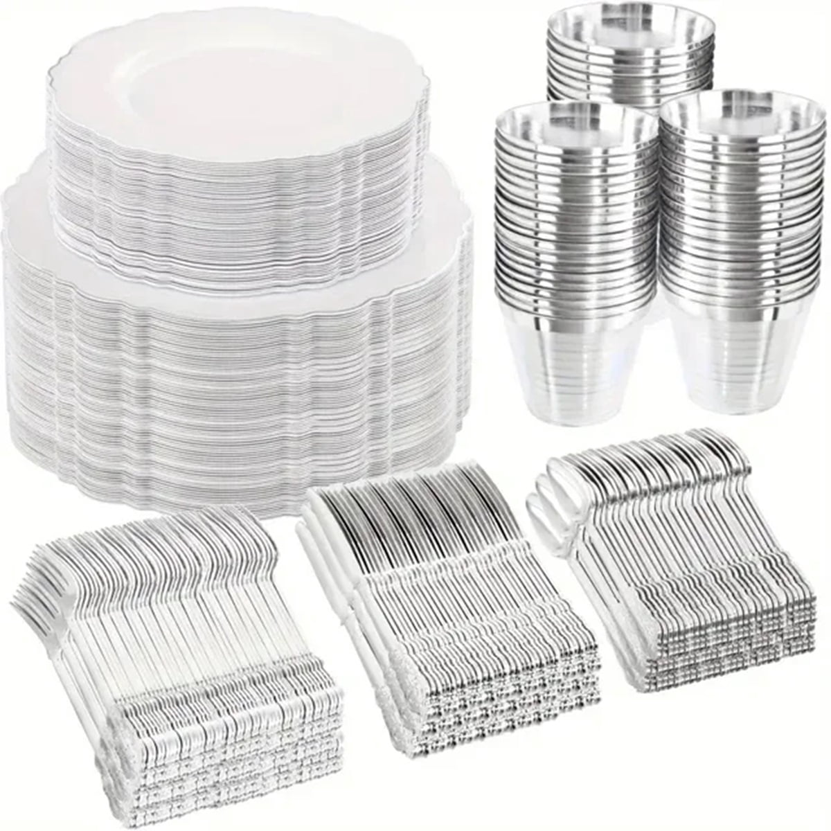 WDF 600Pieces Silver Disposable Plastic Dinnerware Set,Plates ...