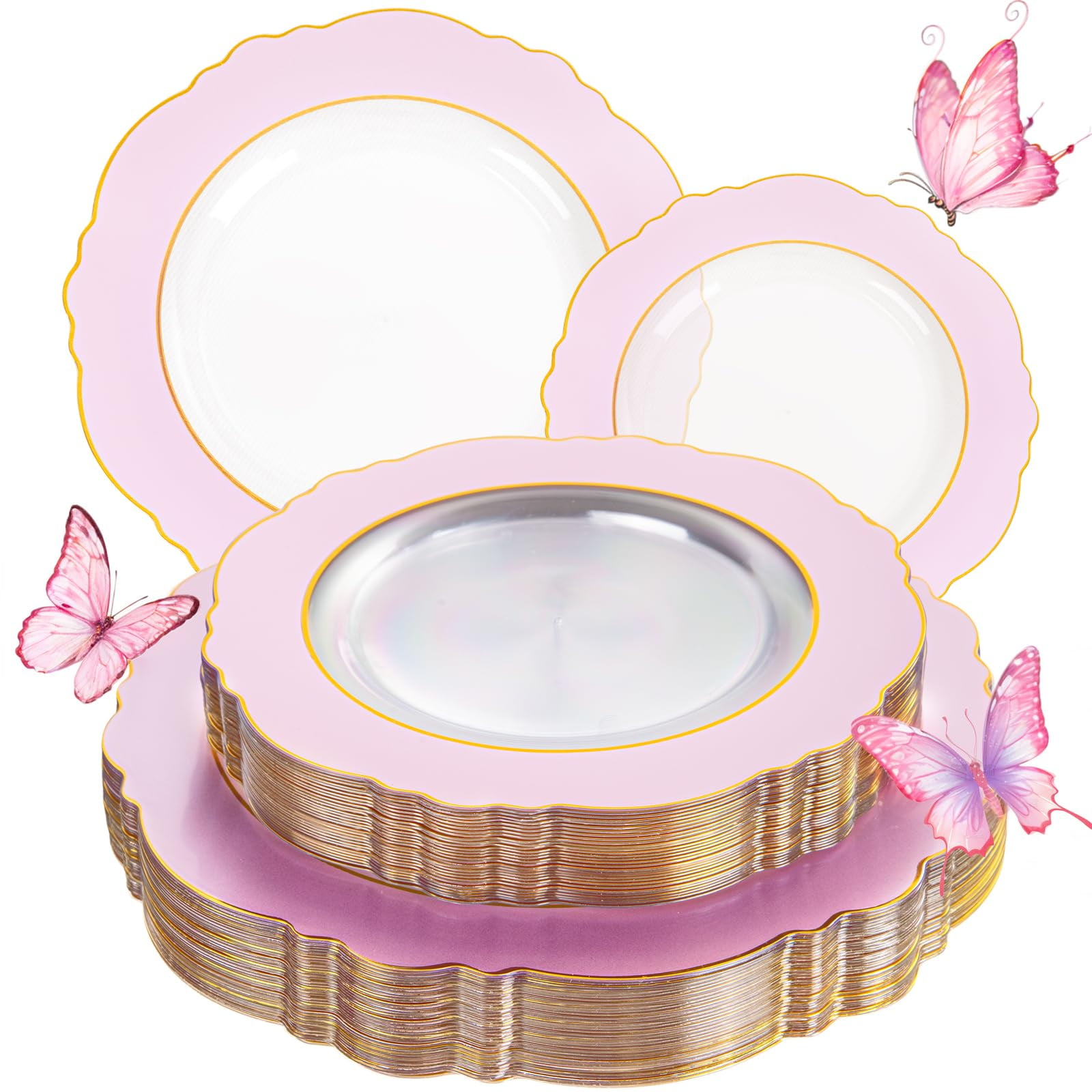 WDF 60Pcs Pink Plates RRF12 Disposable with Gold Rim - Baroque Clear ...