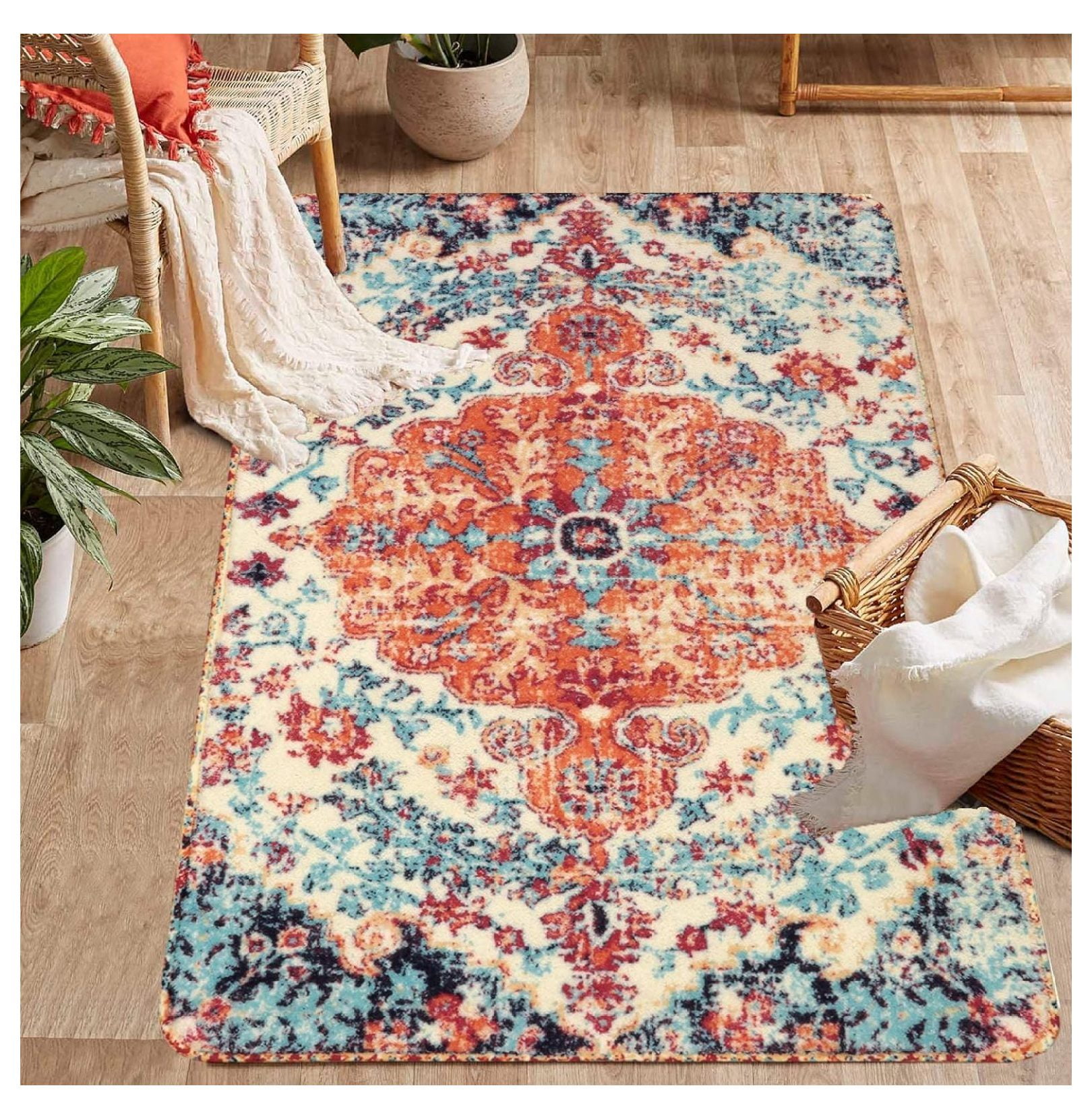 WDNMD9418 Bohemian Floral Medallion Area Rug - 3x5 Bedroom Rug Soft ...