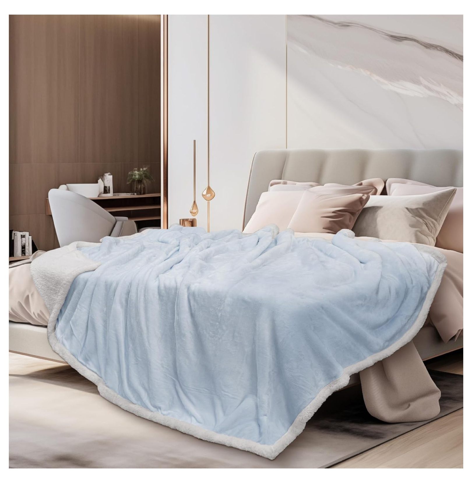 WDNMD9418 Light Blue Fleece Throw Blanket for Couch , Soft Thick Bed ...