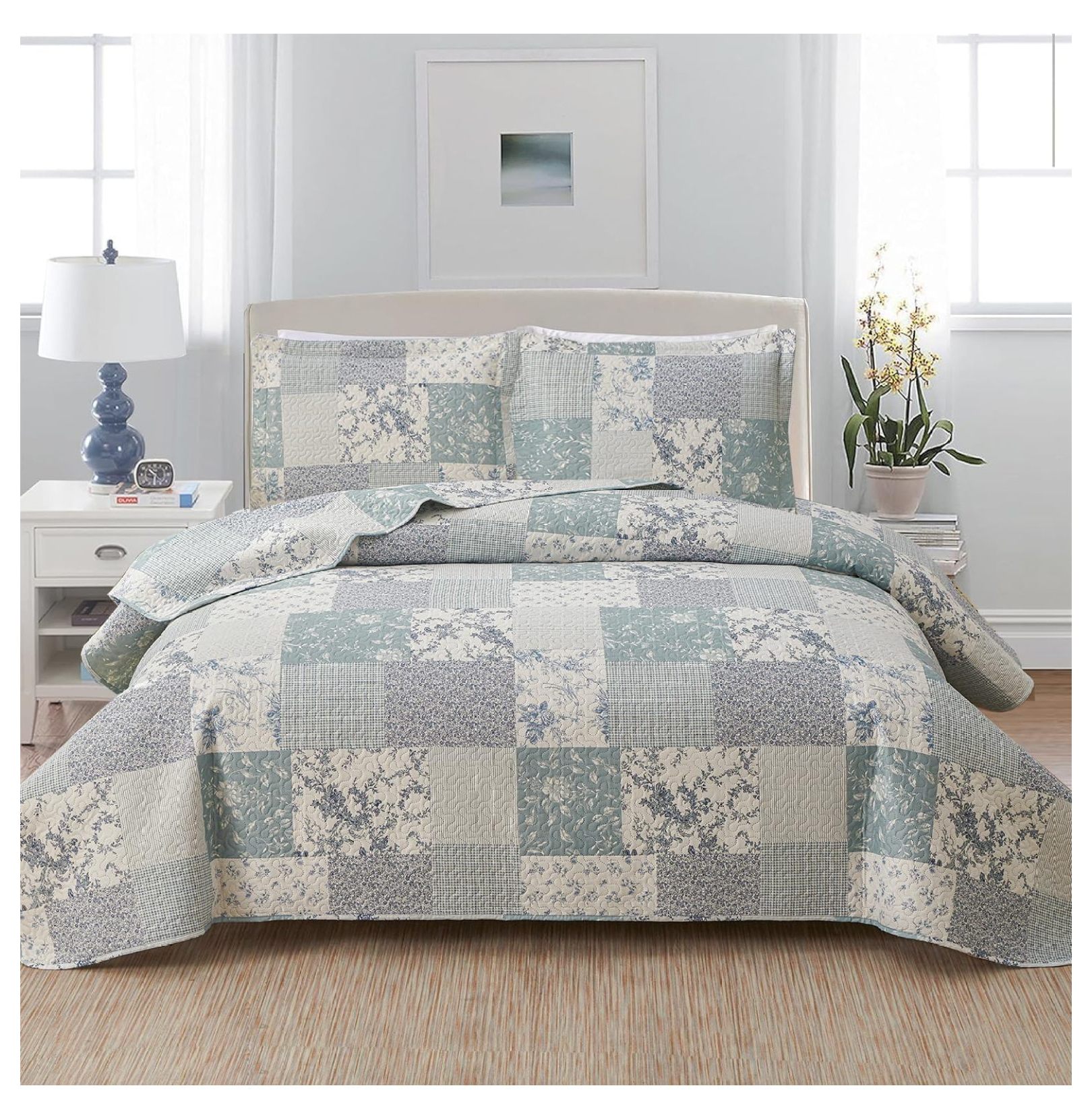 WDNMD9418 Plaid Quilt Size Blue Flower White Patchwork Bedding ...