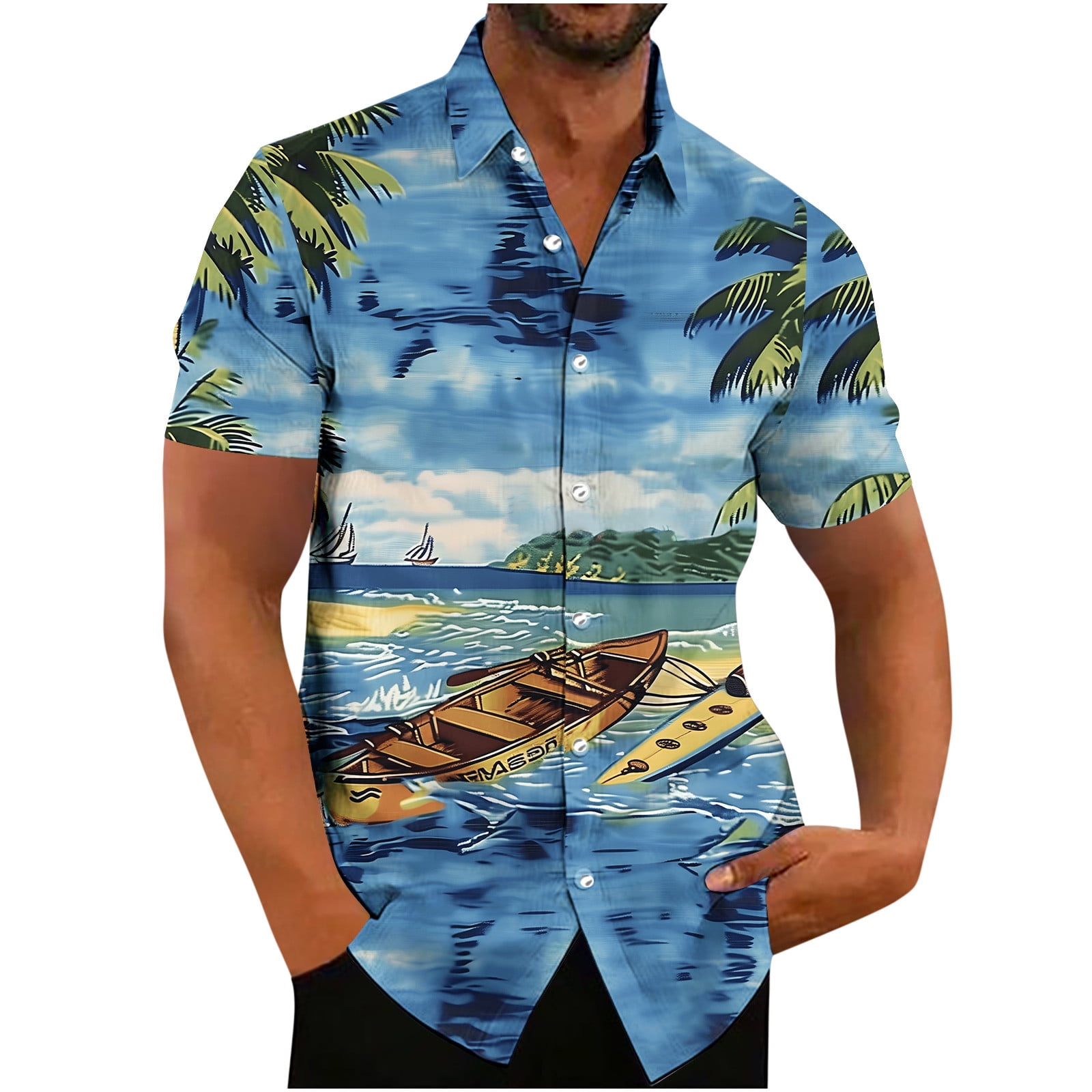 WDZUDU Men's Printing Button Casual Short Sleeve Turndown Collar Blouse ...