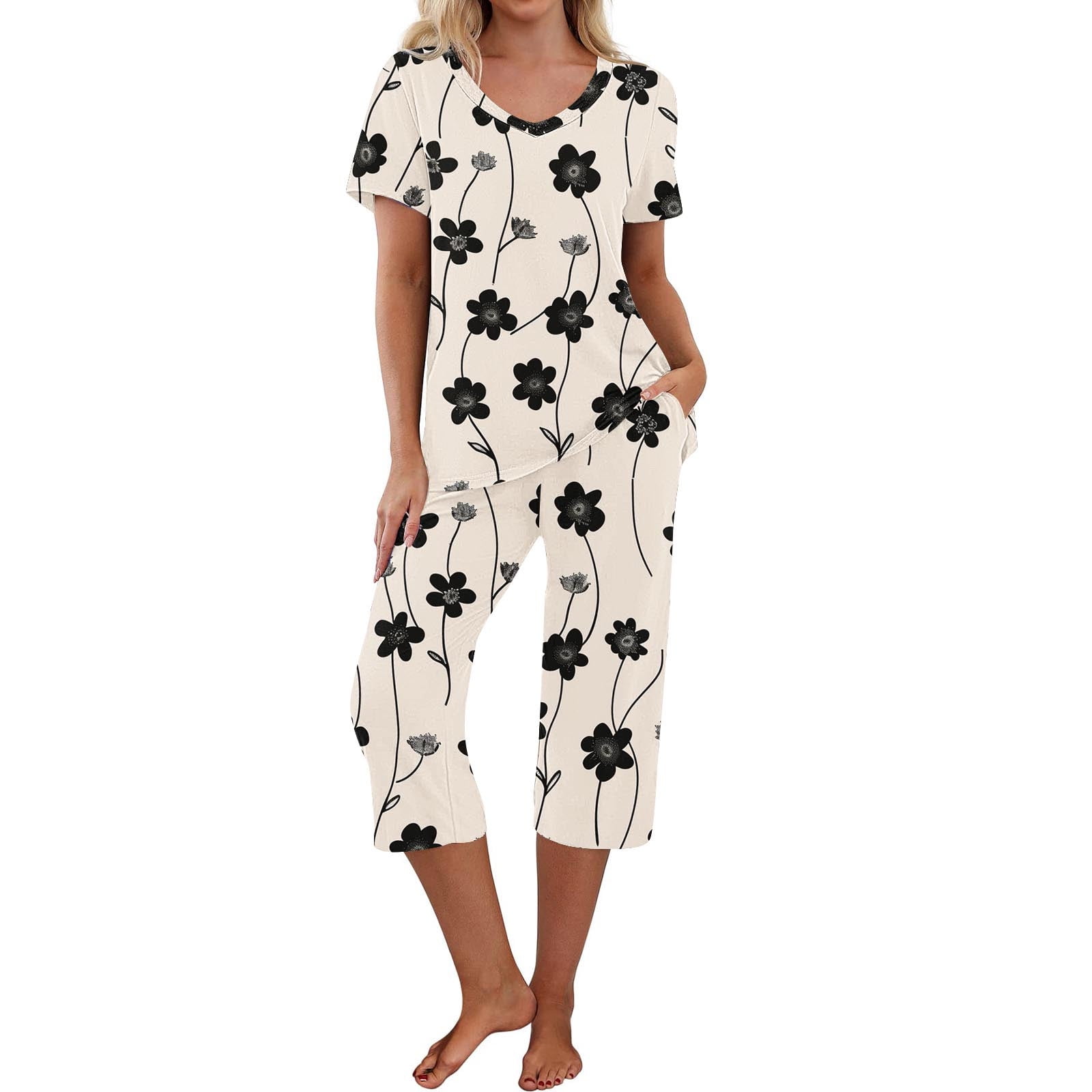 WDZUDU Women's Floral Printed Pajama Sets Matching Capri Pants with ...