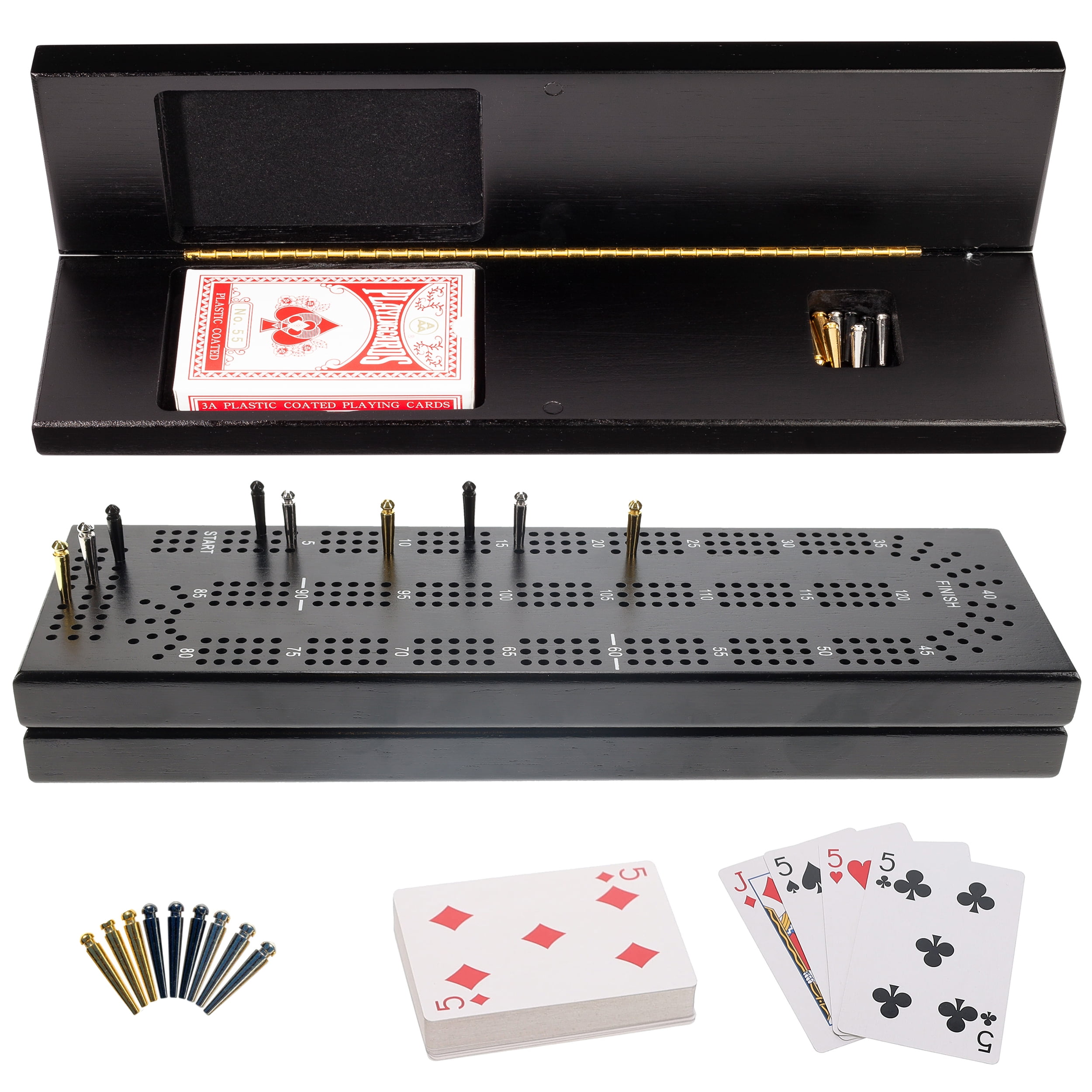 WE Games Solid Wood 3 Track Cribbage Board Set, Pegs, Cards, Hardwood ...