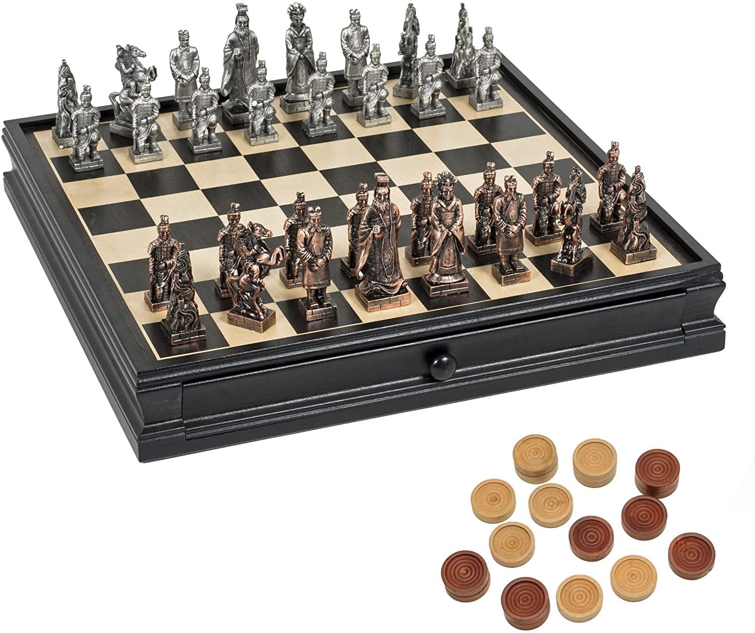 WE Games Chinese Qin Pewter Chess & Checkers Set - 15 in. Black Wood ...