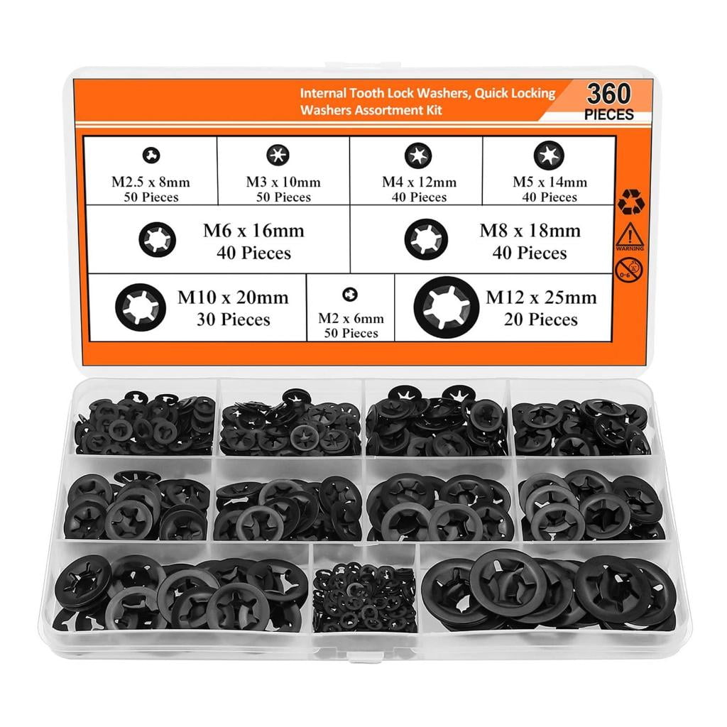 WE-POLUJ 360Pcs Quick Speed Locking Washers Assortment Kits Internal Tooth Star Lock Washers ...