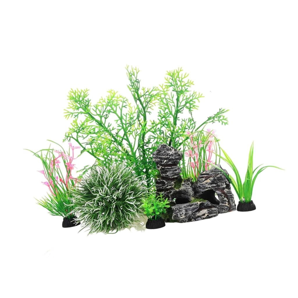 WE-POLUJ 7Pieces Fishtanks Decoration Artificial Plant Cave Coral Grass ...