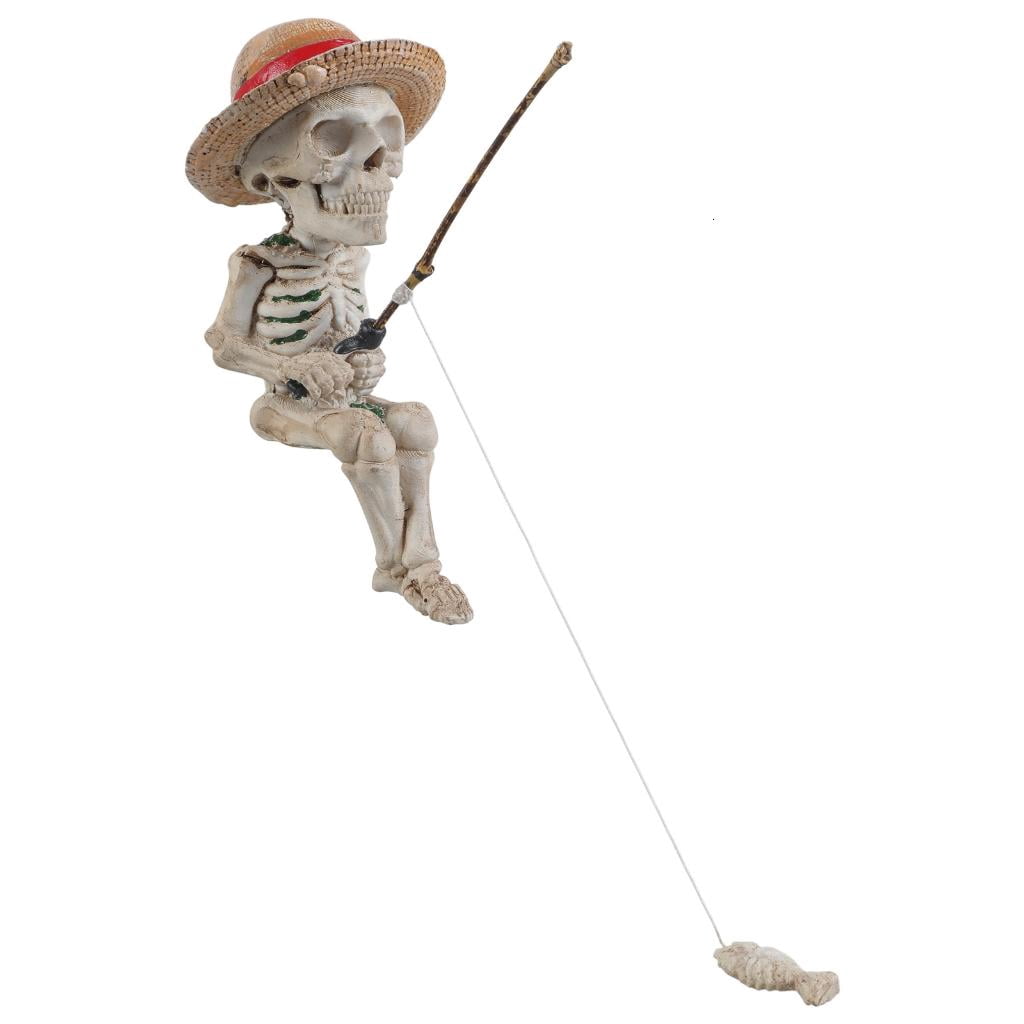 WE-POLUJ Fishing Skeleton Statue Garden Pond Halloween Resins Miniature ...