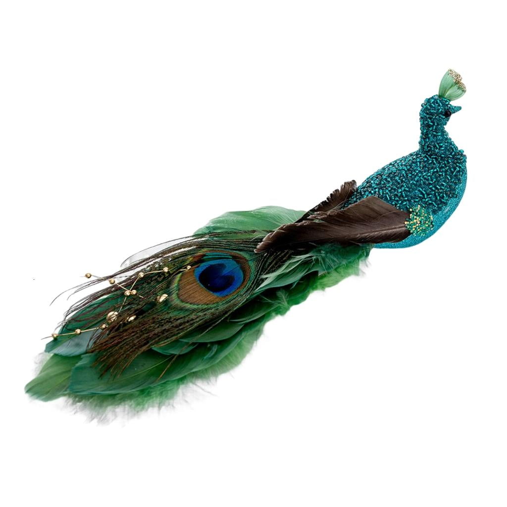 WE-POLUJ Large Artificial Peacocks Bird Ornament With Golden Glitters ...