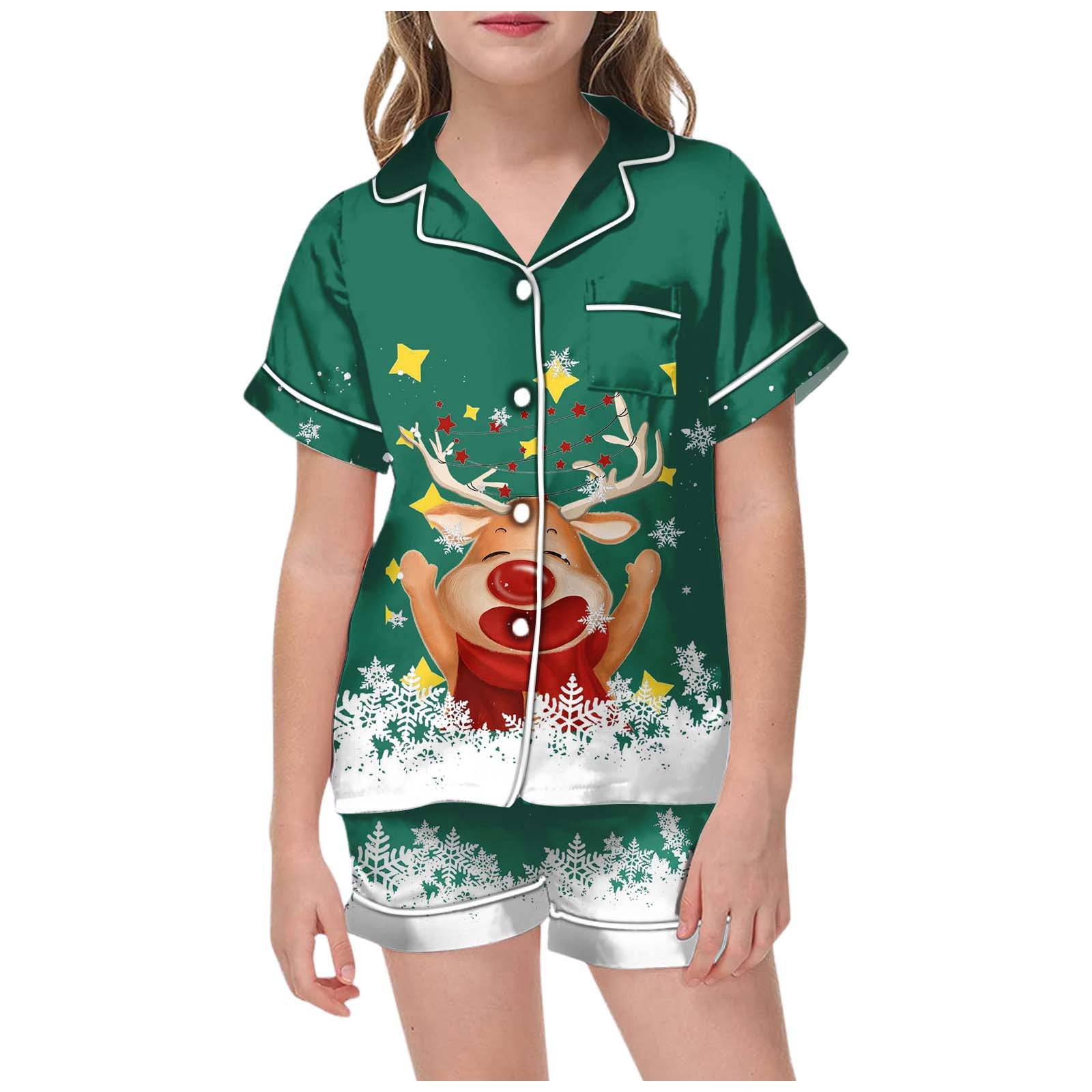 WEAIXIMIUNG Girls' Christmas Printed Pajamas Short Sleeved Button Top ...