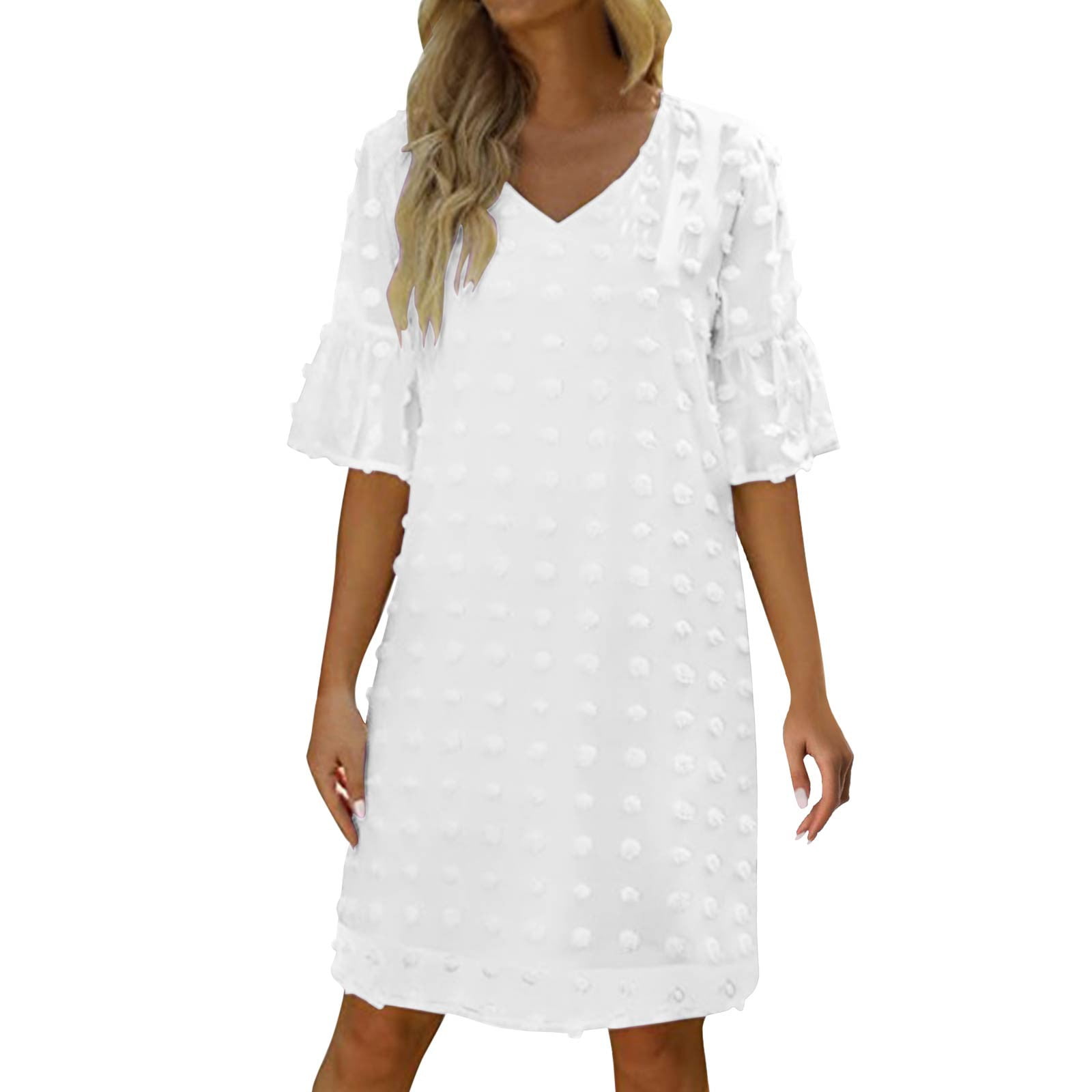 WEAIXIMIUNG Hot Women's Summer Short Sleeve V Neck Mini Dress Chiffon ...