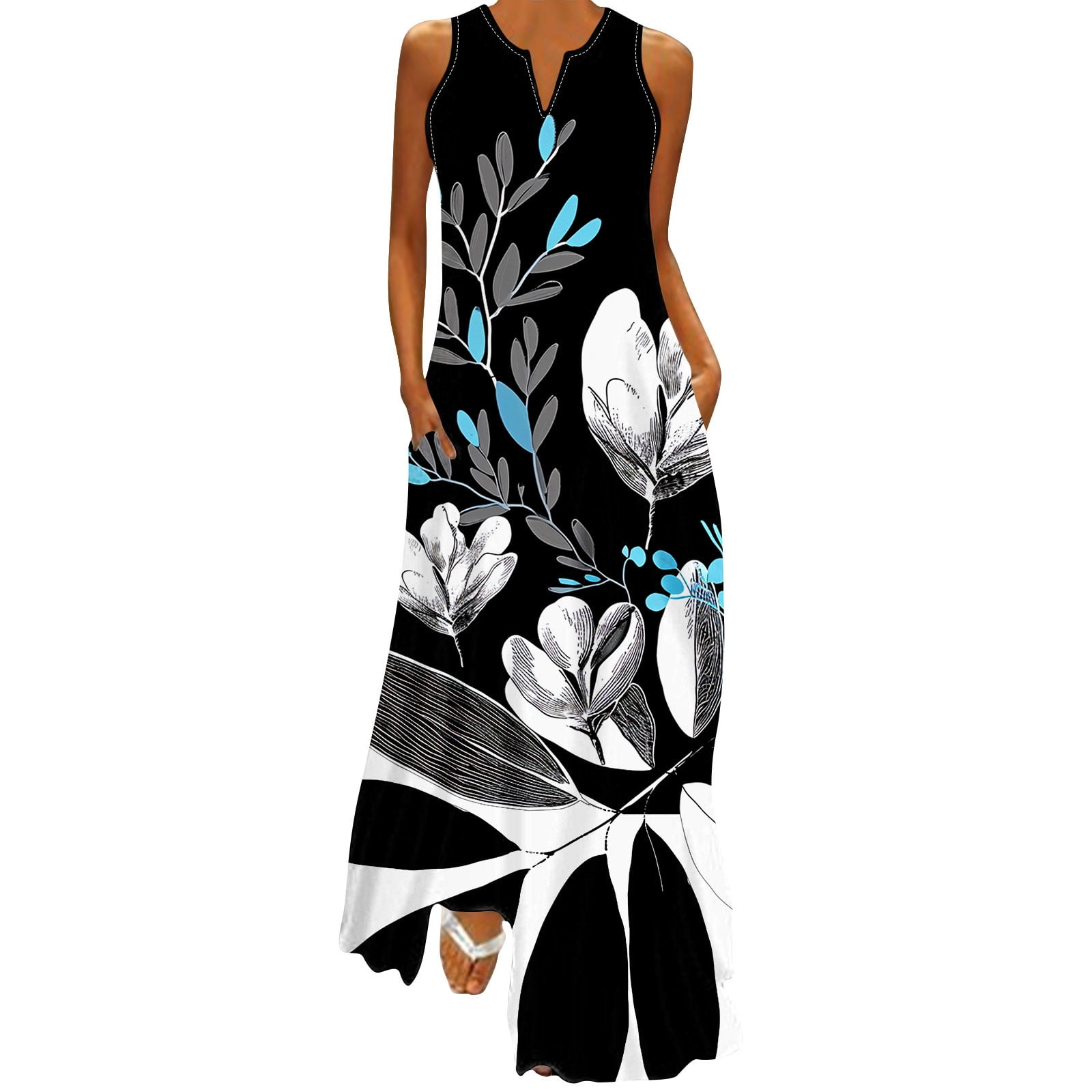 Weaiximiung Vintage Womens Summer Dress Sleeveless V Neck Maxi Dress Elegant Beach Long Dress
