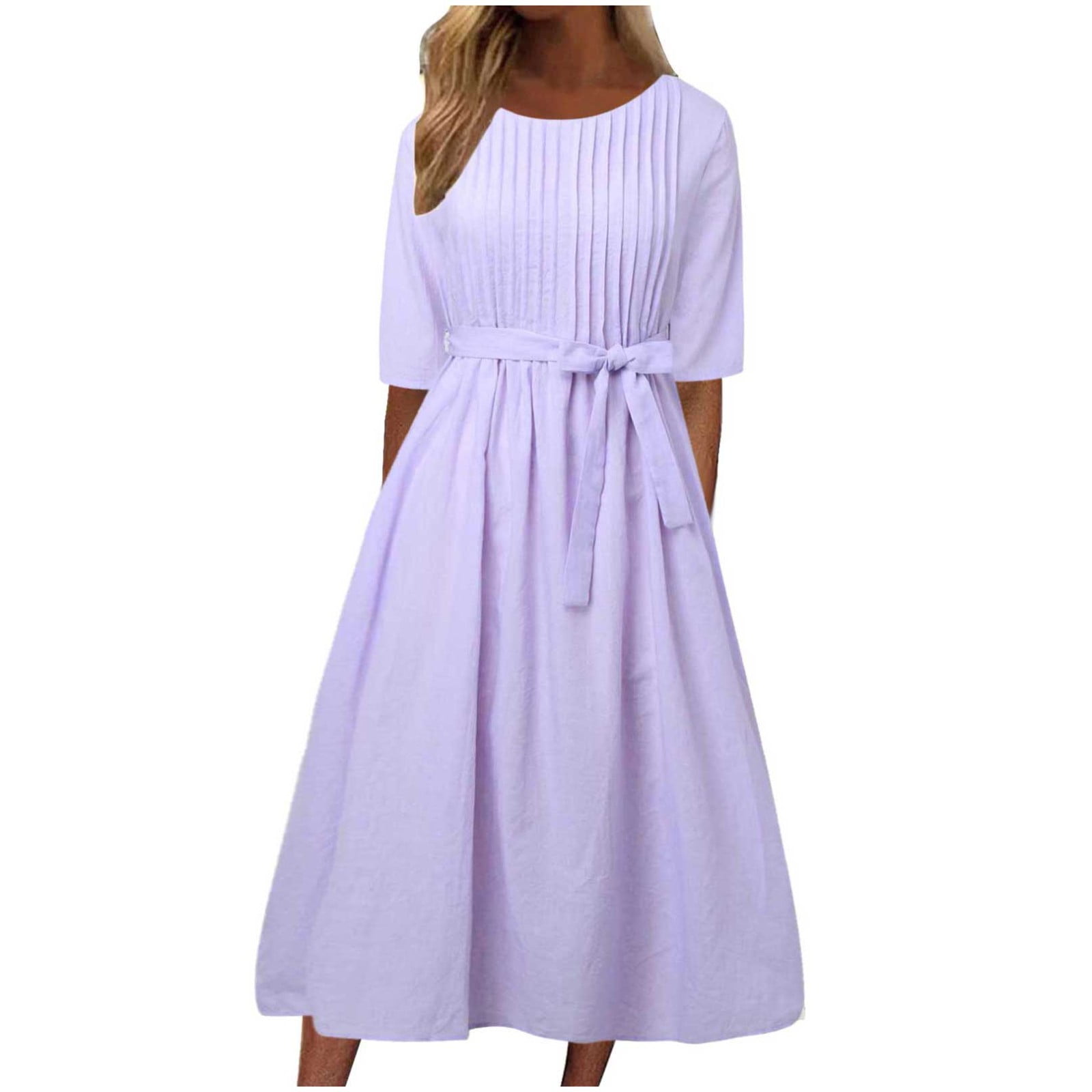 WEAIXIMIUNG Women Fashion Solid Round Neck Long Dress Casual Loose ...