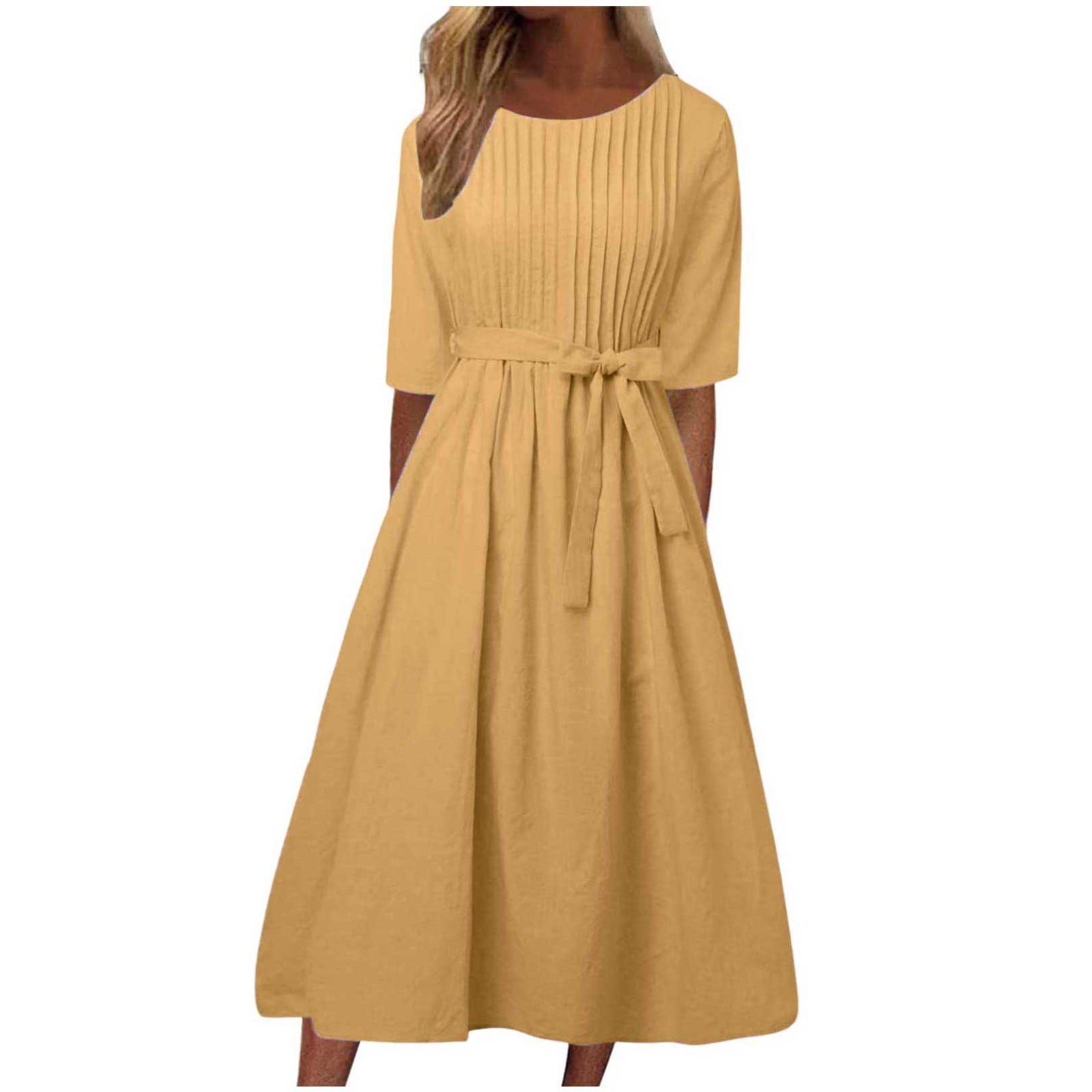 WEAIXIMIUNG Women Fashion Solid Round Neck Long Dress Casual Loose ...