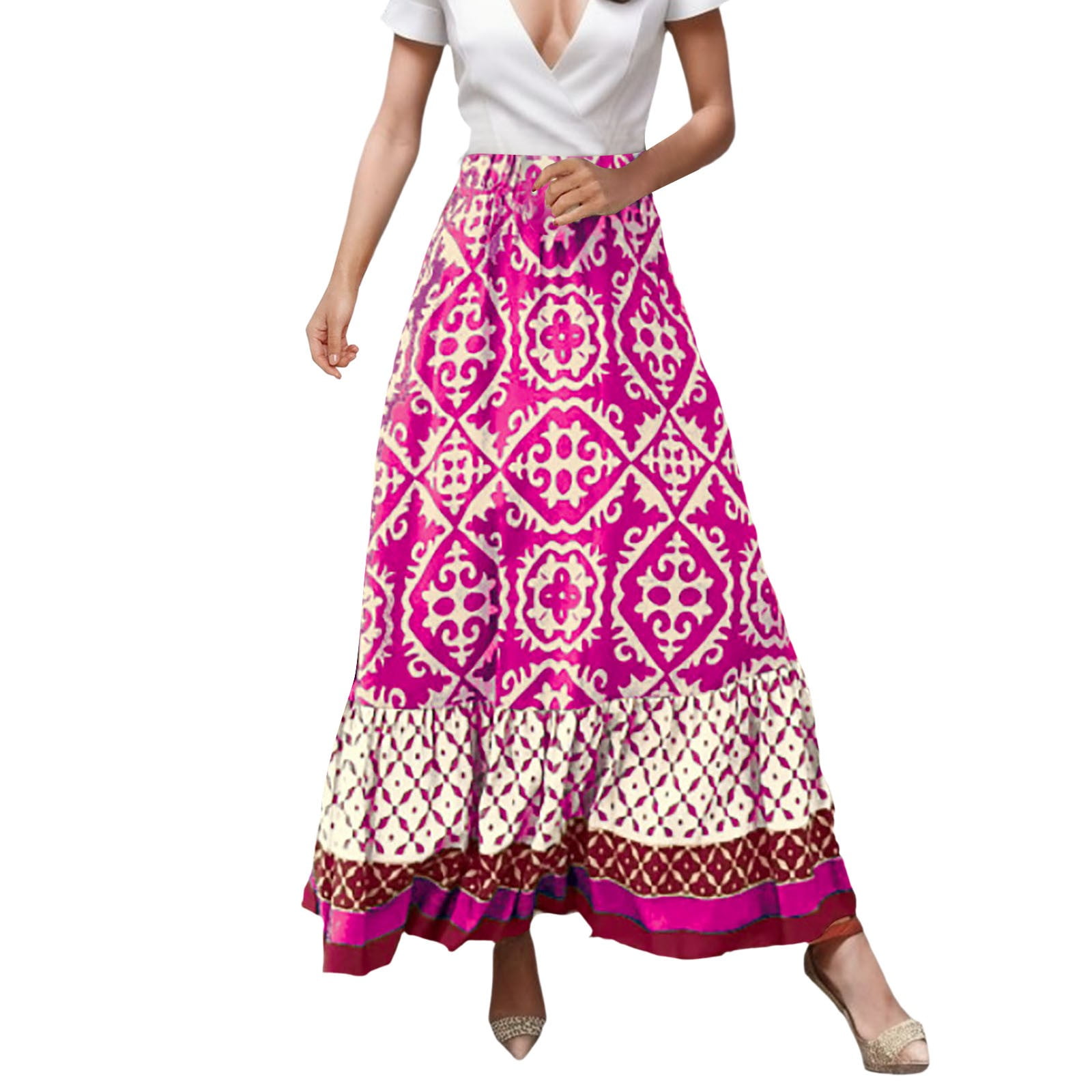 Weaiximiung Womens Long Boho Flowers High Elastic Waist With Pockets And Belt Maxi Skirt Pleated
