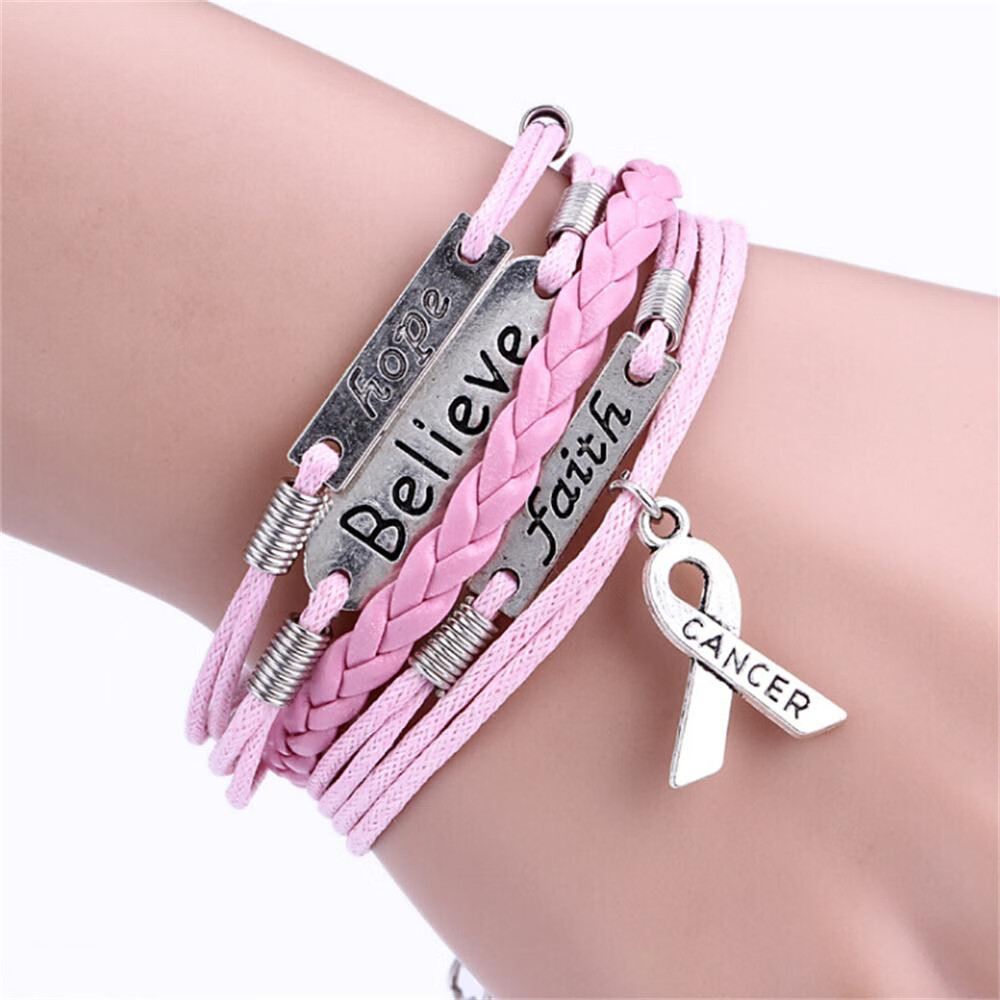 WEANT Multi-layer Leather Rope Handmade Pink Ribbon Breast Cancer ...
