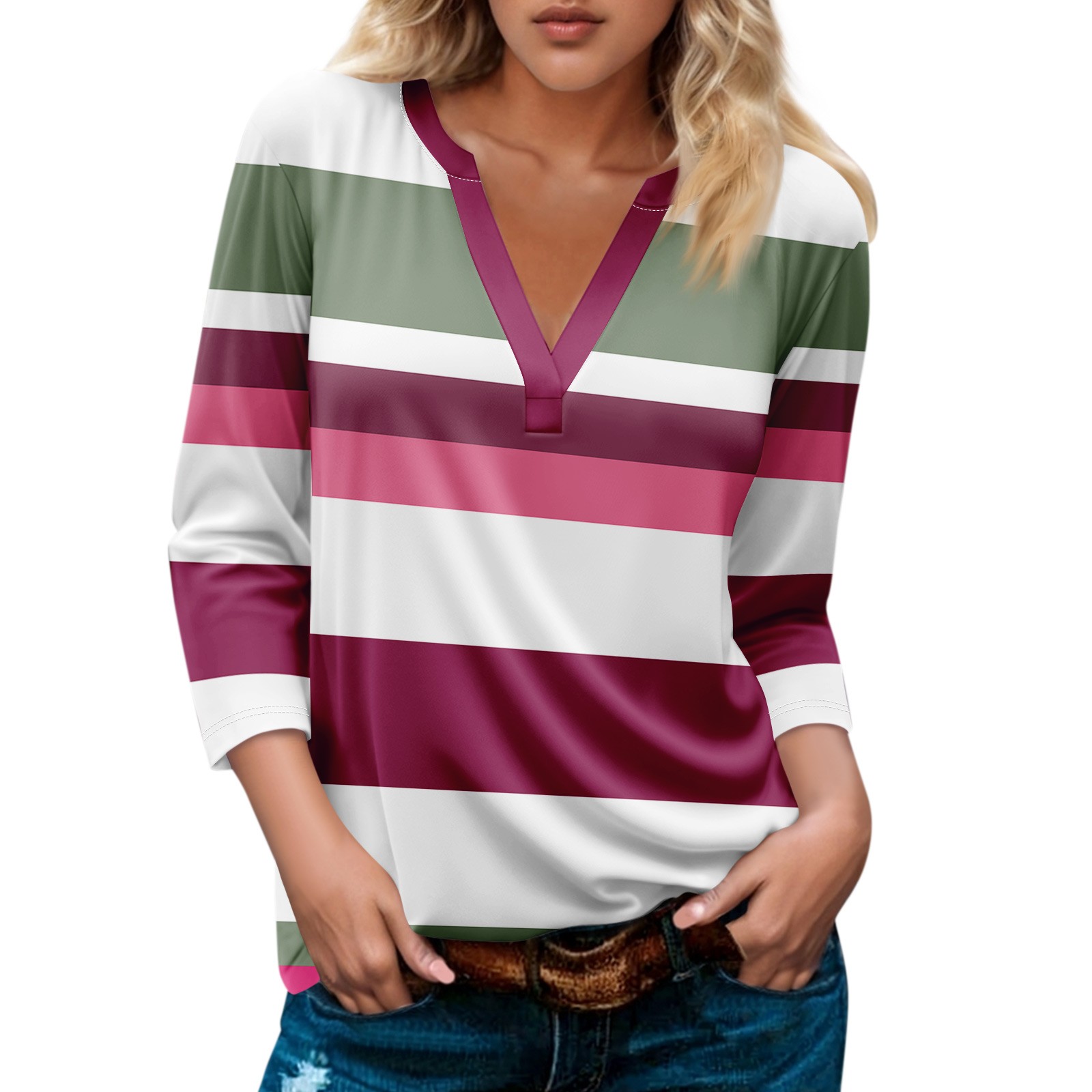 WEANT-Shirt Women's Casual 3/4 Sleeve Shirt V Neck Plus Size Top ...