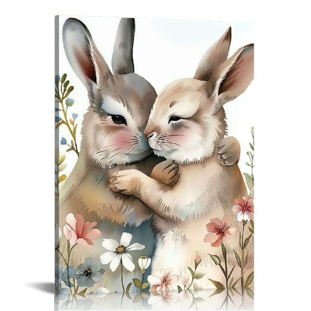 WEASYYDS Rabbits Hugging With Flowers Canvas Wall Art Animal Poster ...