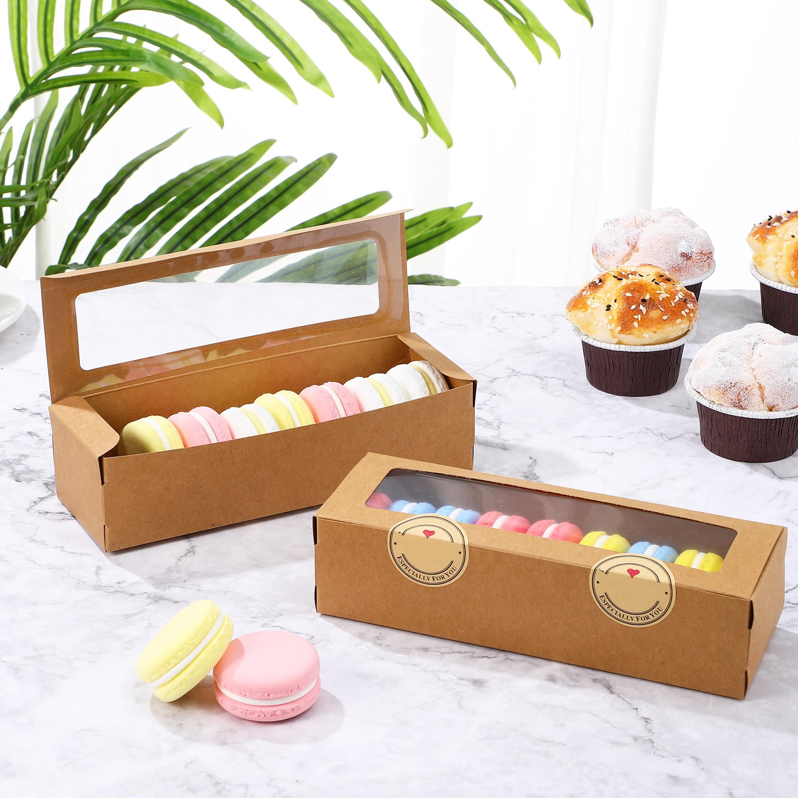 WEAVILUX 50Pcs Kraft Macaron Boxes with Clear Window and Stickers for ...