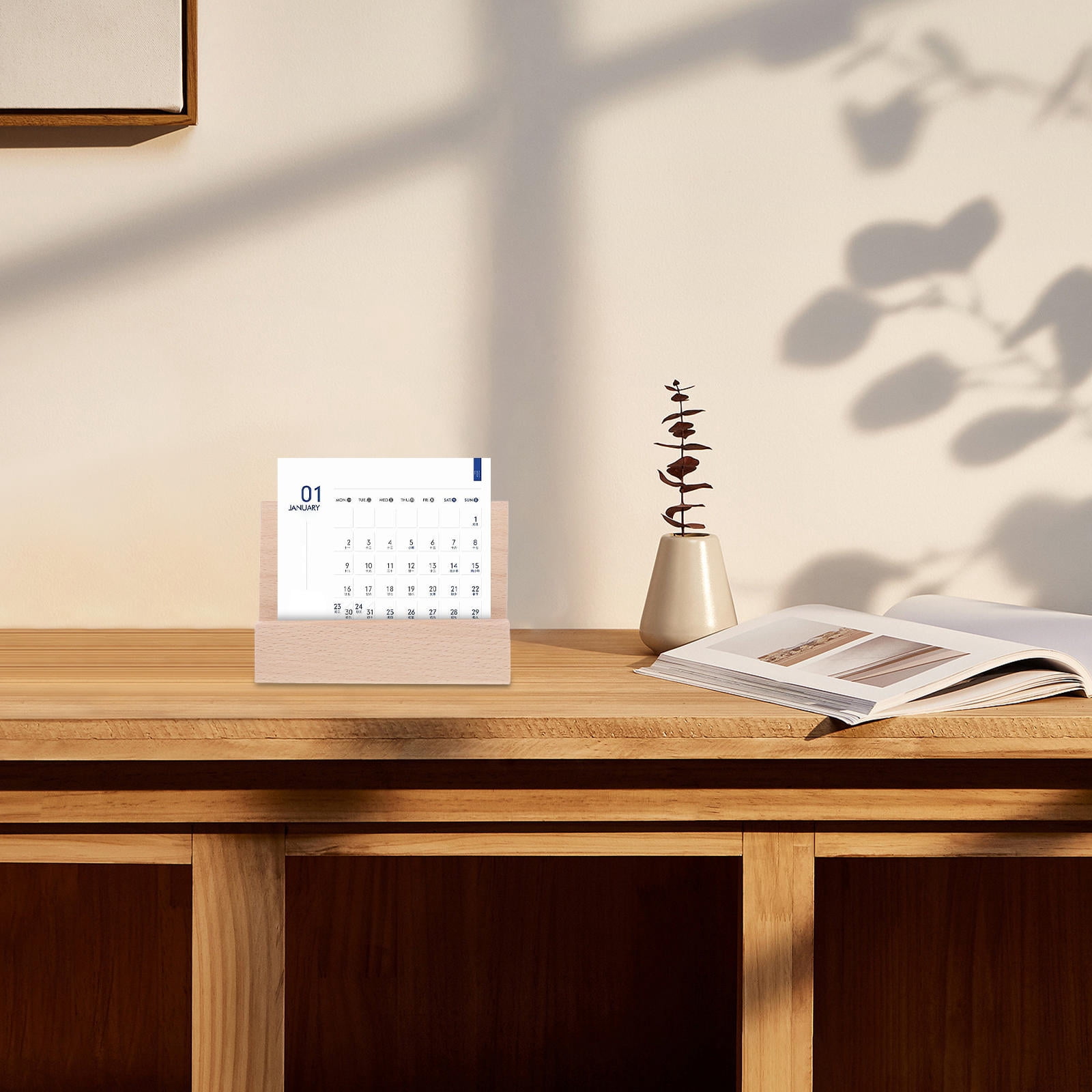WEAVILUX Wooden Desk Calendar Base Card Display Holder Rustic Beige ...