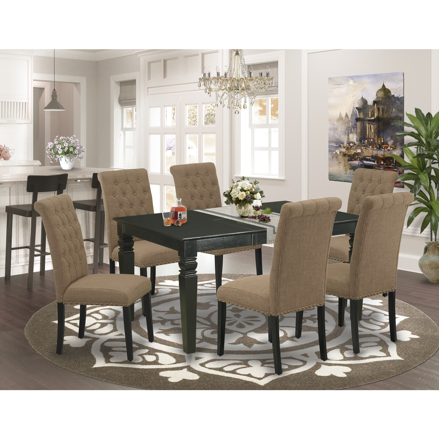 7Pc Dining Set with Extendable Table, Butterfly Leaf, Six Chairs, Light Sable Fabric, Black ...