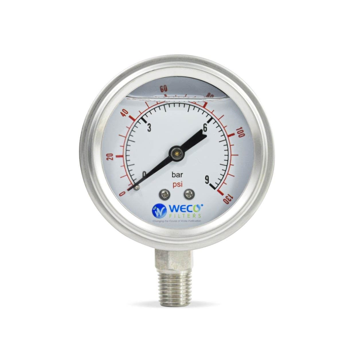 WECO 0-130 PSI (0-9 Bar) Glycerin Liquid Filled Pressure Gauge, 2.5" (63 mm) Dial Size, 1/4" NPT ...