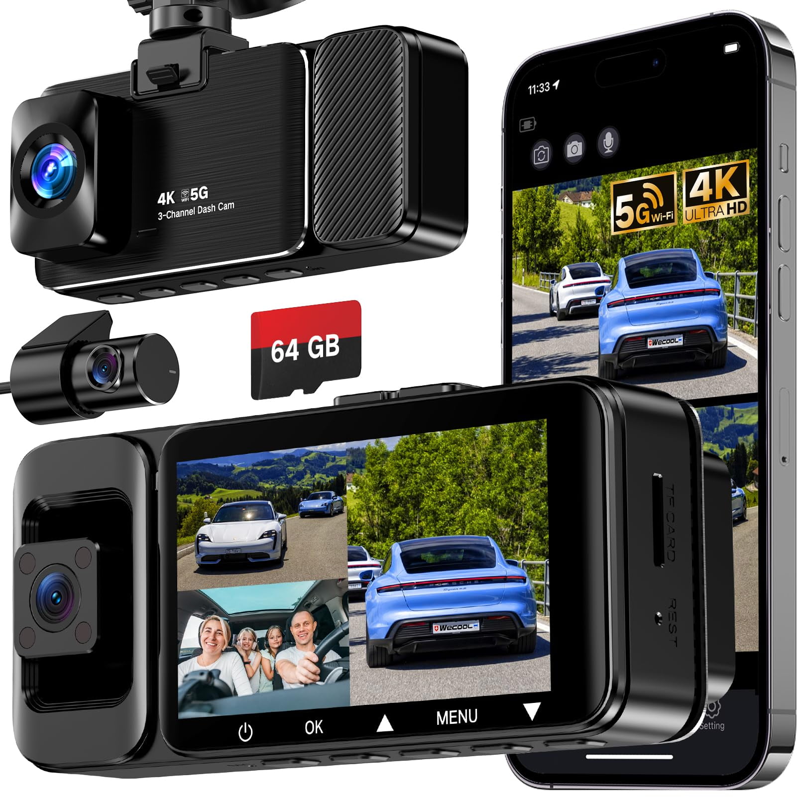 WECOOL 3 Channel Dash Cam Front and Rear Inside, 4K Ultra HD & 470 ...