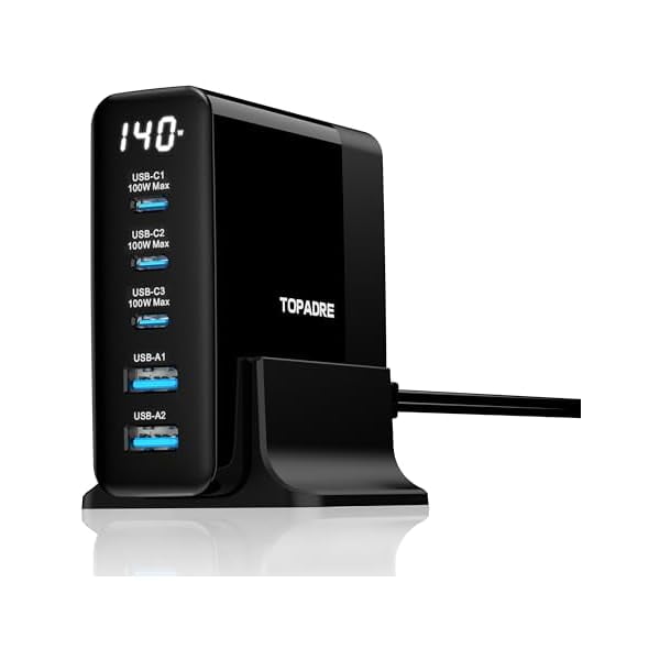 WEEKS 140W USB C Charging Station with Display, 5-Port GaN USBC Charger ...