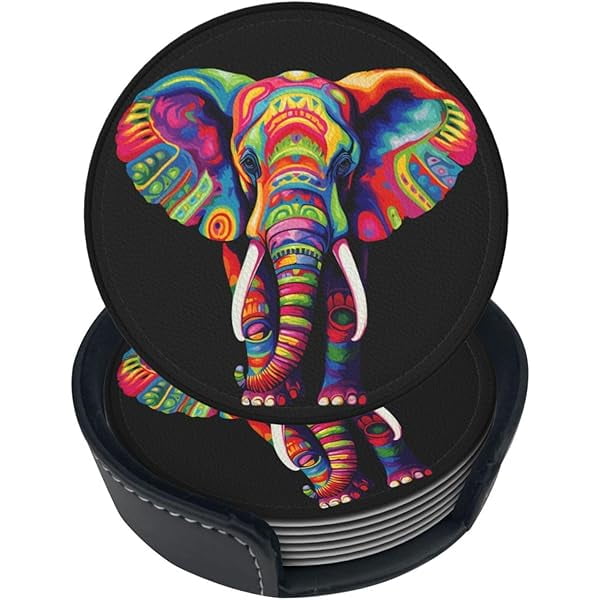 WEEKS 6 Pcs Walking Colorful Elephant Leather Coasters for Drinks with ...