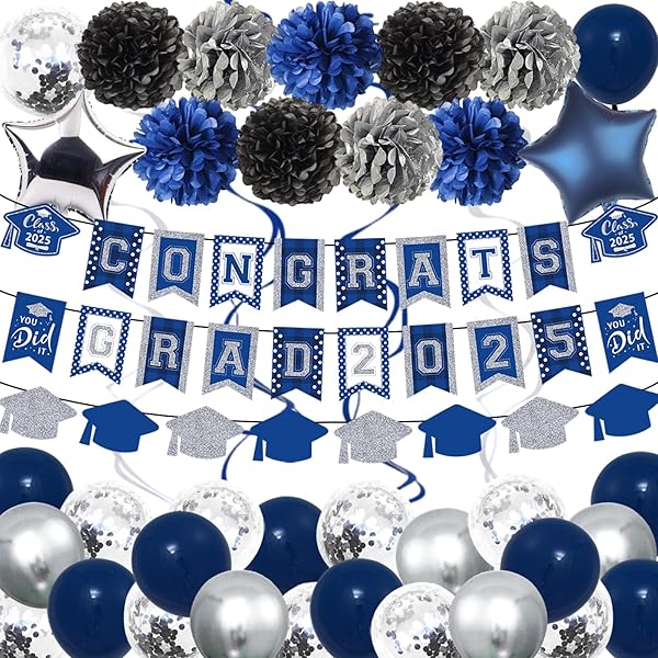 WEEKS Blue Silver Graduation Decorations 2025 - Congrats Grad Banners ...