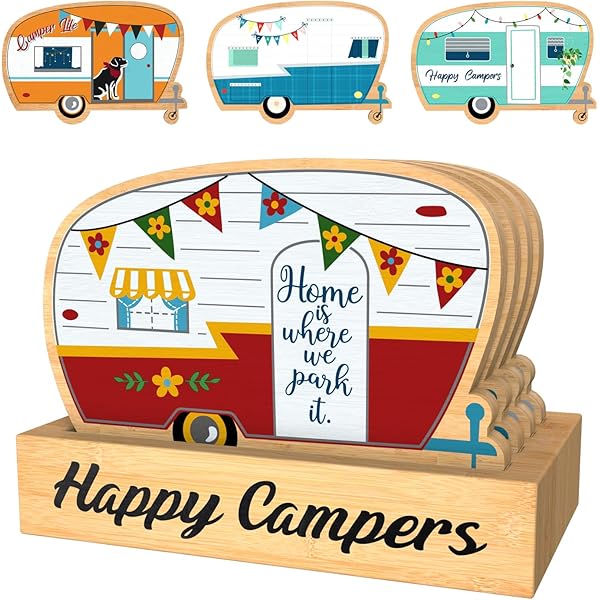 WEEKS Camper Coasters Set of 4, Happy Camper Bamboo Drink Coasters with ...