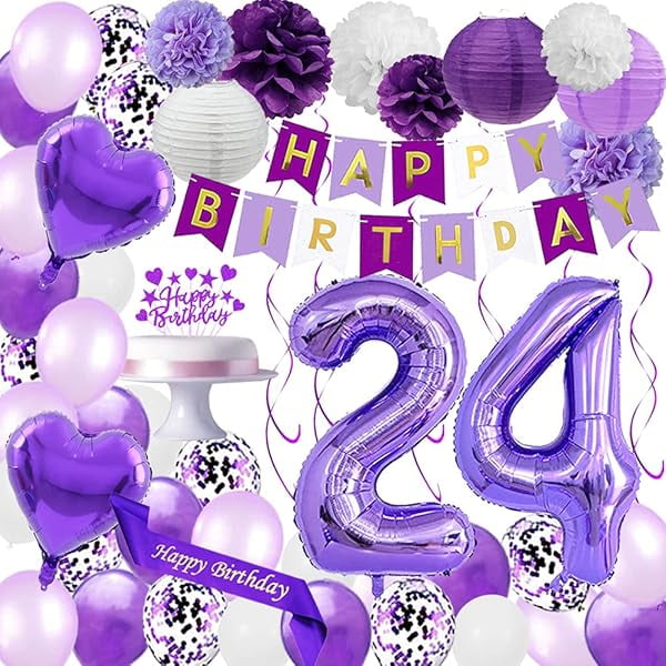 WEEKS Purple 24th Birthday Decorations set Happy Birthday Banner Sash ...