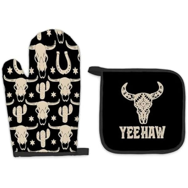 WEEKS Western Black Oven Mitts and Pot Holders Sets, Western Bull Skull ...