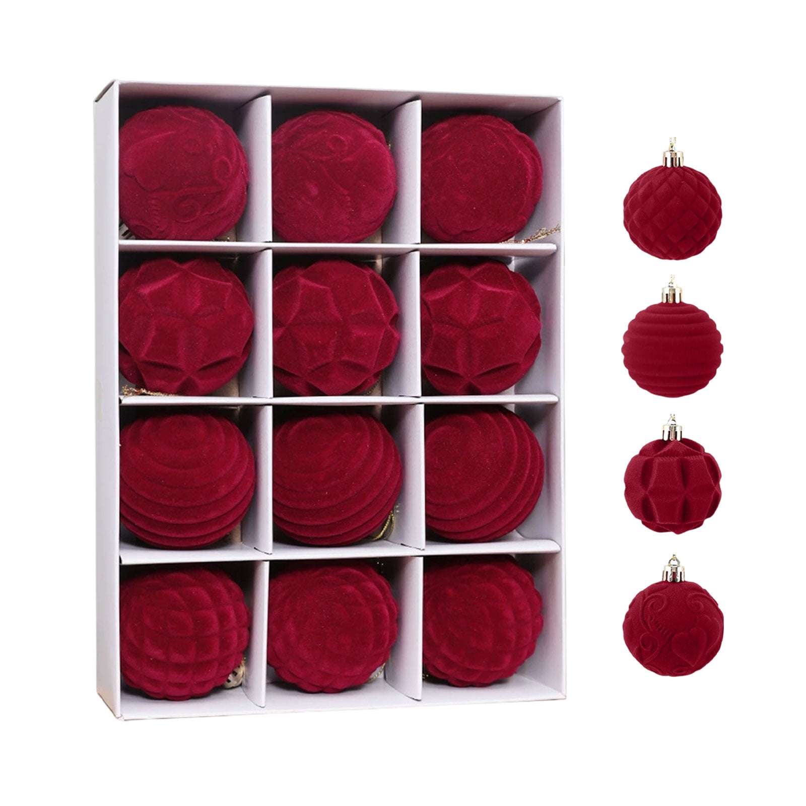 WEGFTDUOP 6cm 12pcs Flocked Xmas Balls Velvet Ornament Set,Red Tree ...