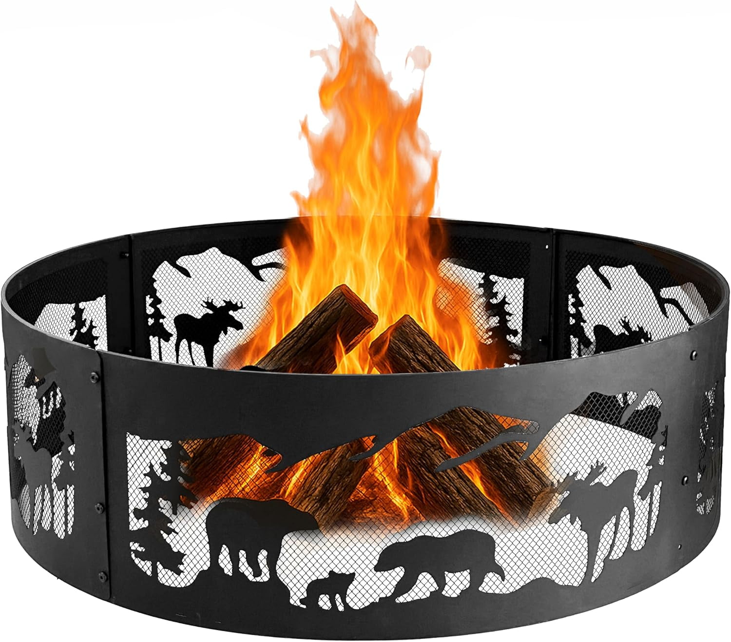 WEI 36" Steel Fire Pit Ring – Decorative Mountain Cutout, Wood Burning ...