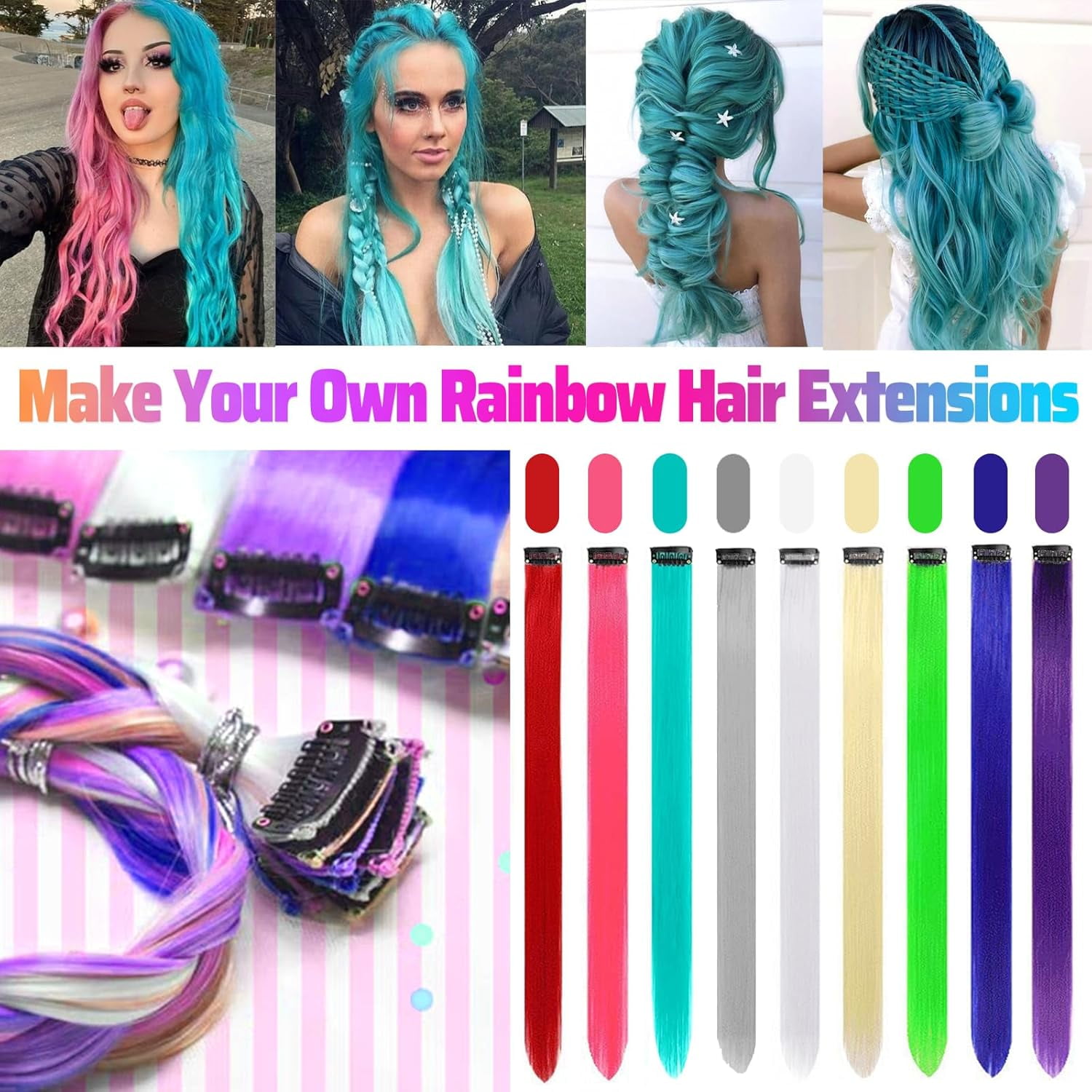WEIF-12 PCS Teal Blue Hair Extensions Clip in, Colored Party Highlights ...