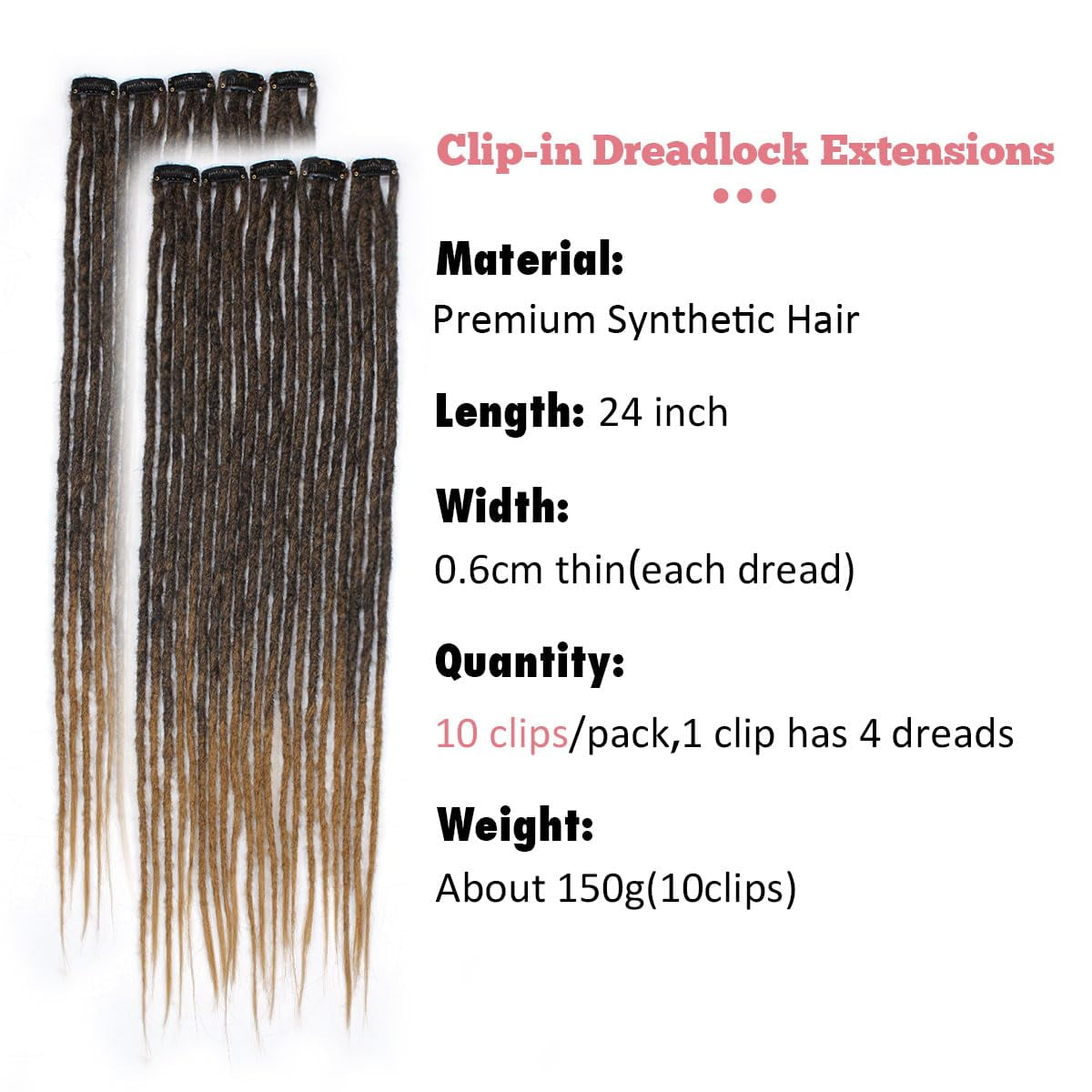 WEIF-24 Inch Clip in Dreadlock Hair Extensions 10Clips 40 Strands ...