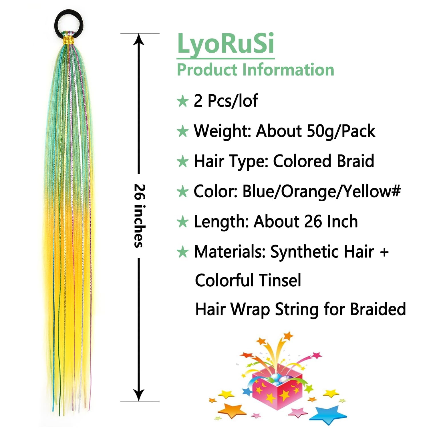 WEIF-26 Inch Braid Ponytail Extension 2 Pack Hair Tinsel Colored Long ...